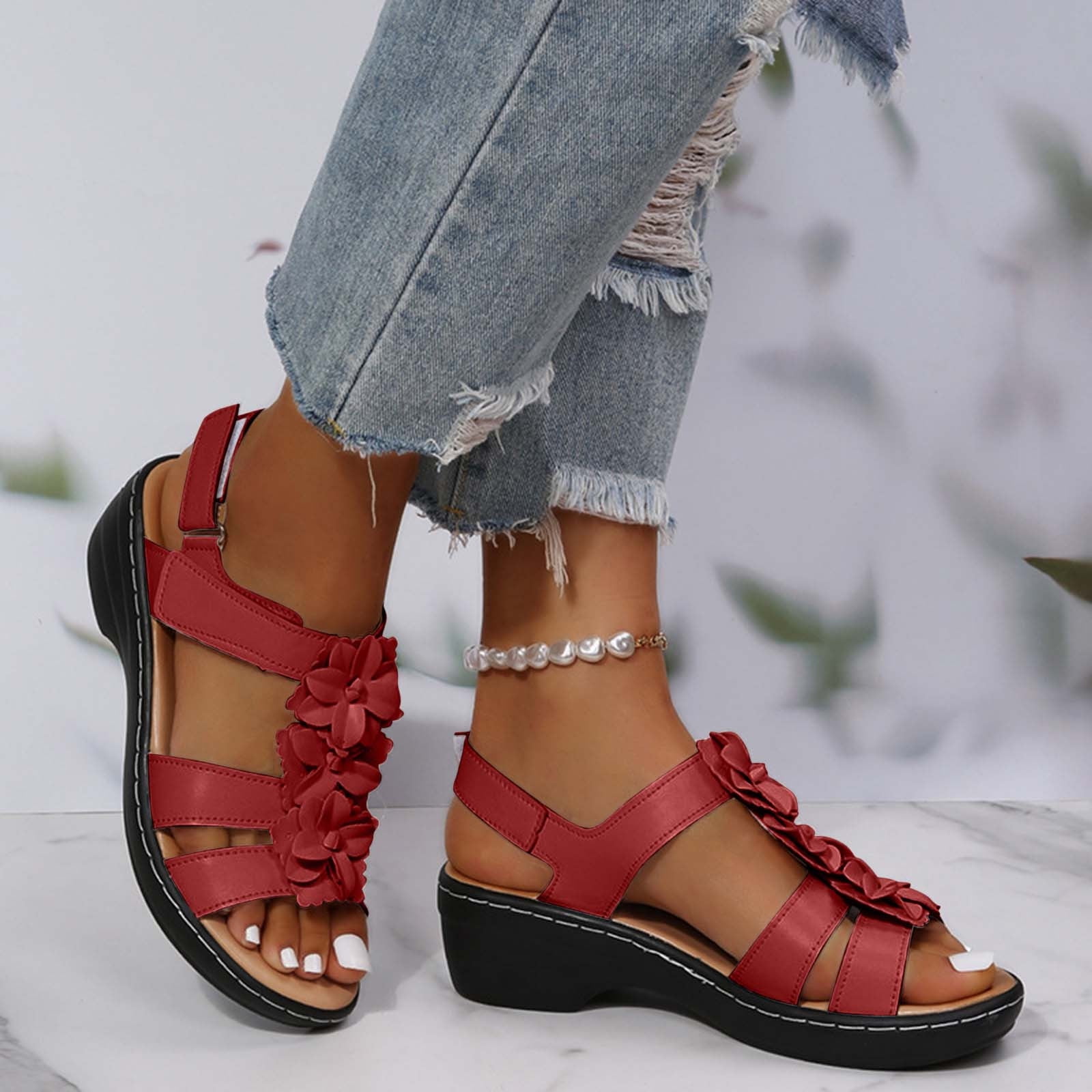 pafei tyugd Women's Sandals Casual Floral Beach Flip Flop Comfy Shoes ...