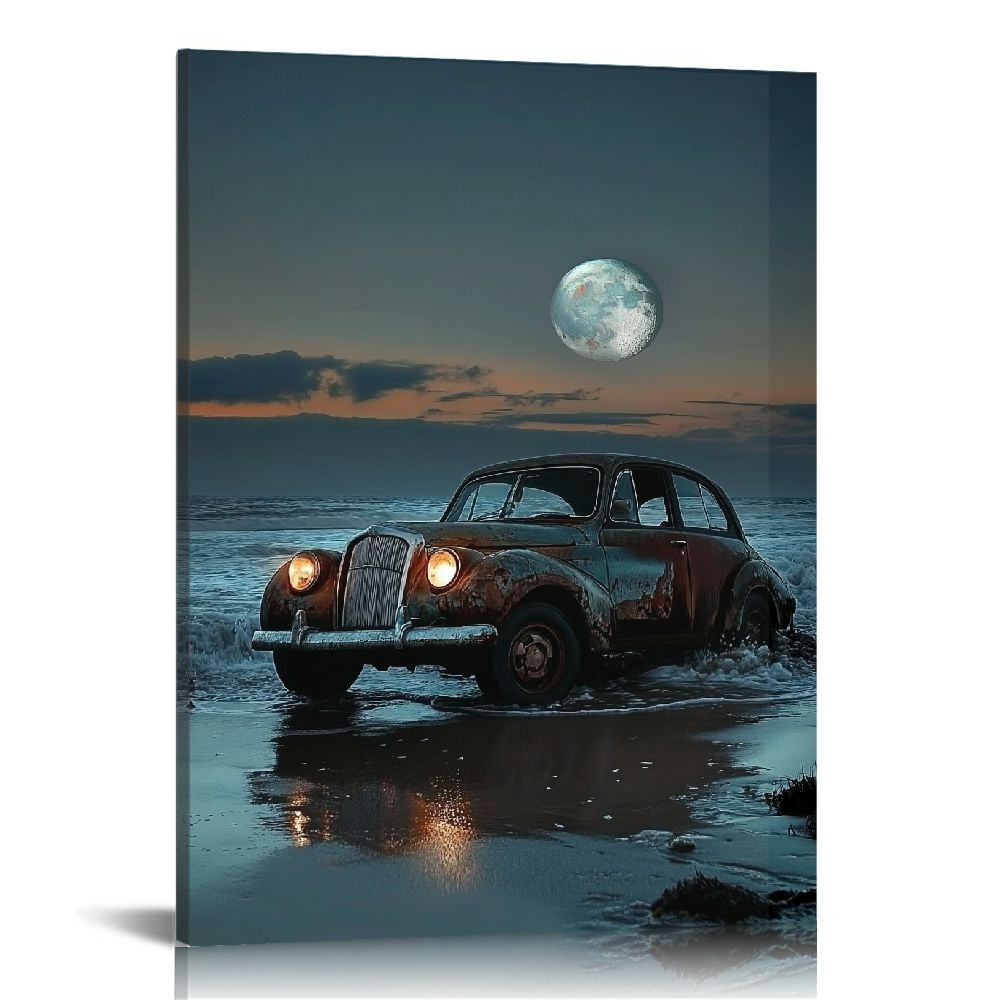 A painting of vintage cars on a moonlit night by the seaside, quiet and ...