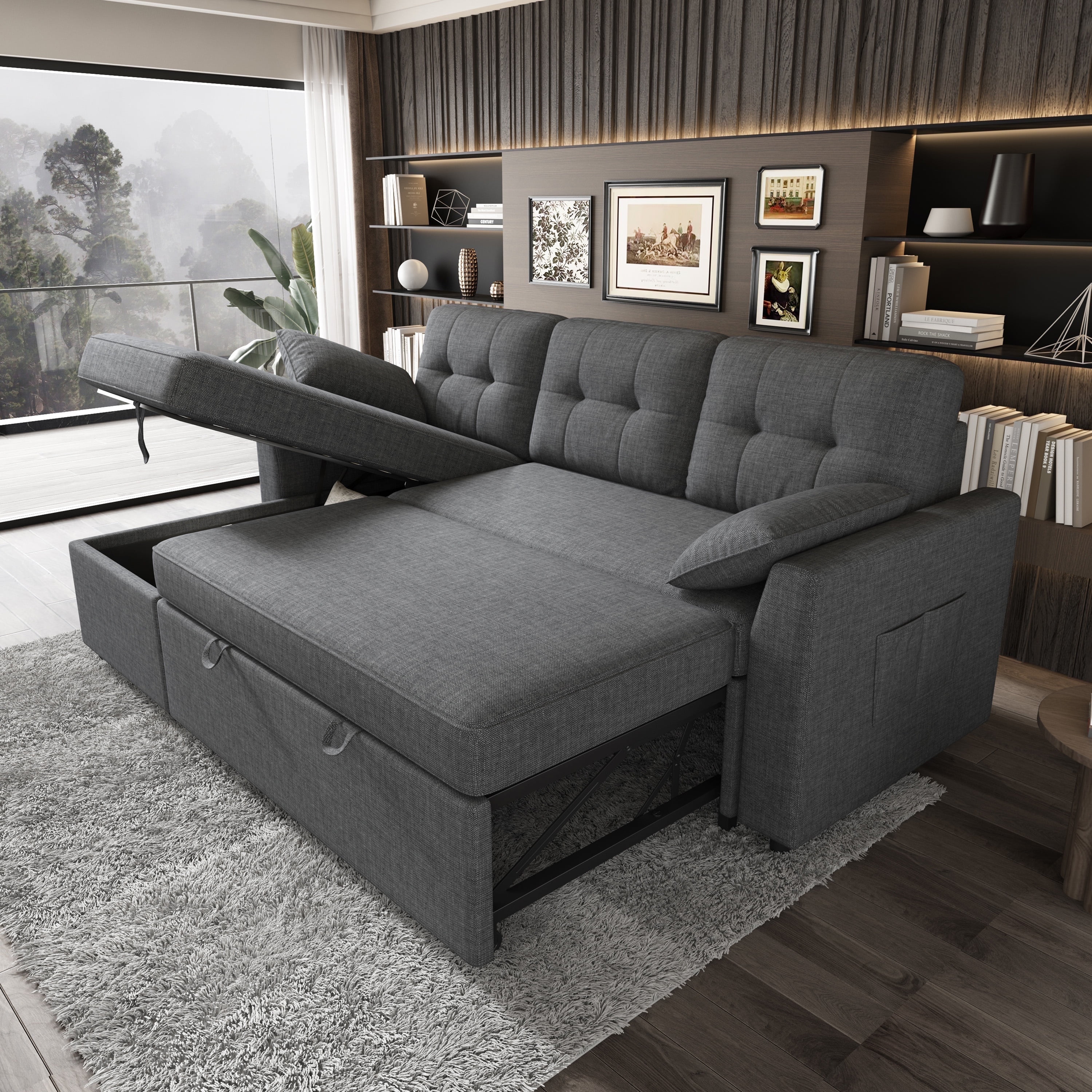 papajet 84" Sectional Sofa with Storage and 3 Seat ,Reversible Pull Out ...