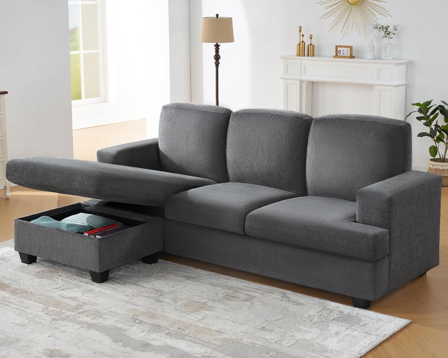 Merluxy 89 Inch Reversible L Shape Sofa with Chaise, Convertible Sofa ...