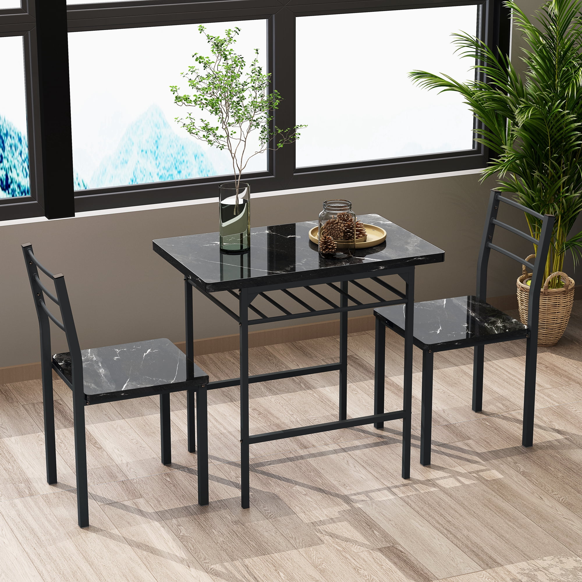 Paproos 3-Piece Dining Set, Marble Tabletop, Metal Frame, Space-Saving ...