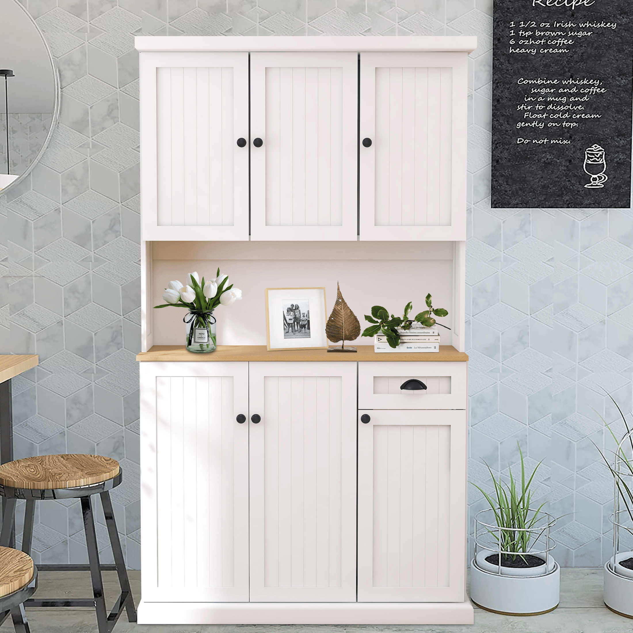 PAPROOS 71 Pantry Cabinets with Hutch Tall Kitchen Pantry Storage Cabinet Sideboard Buffet Cabinet with 6 Doors 1 Open Shelves and 1 Drawer