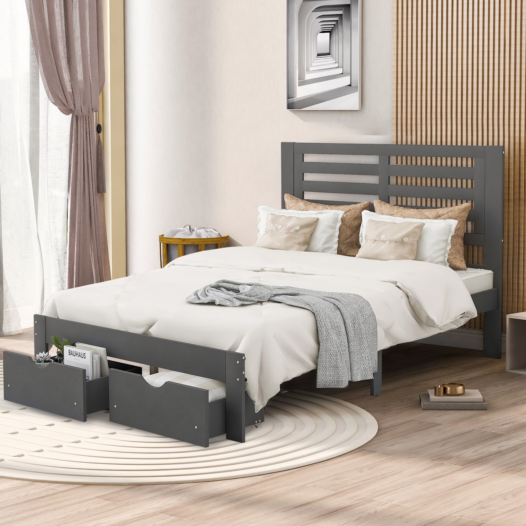 paproos Full Size Platform Bed with Storage, Modern Wood Bed Frame with ...