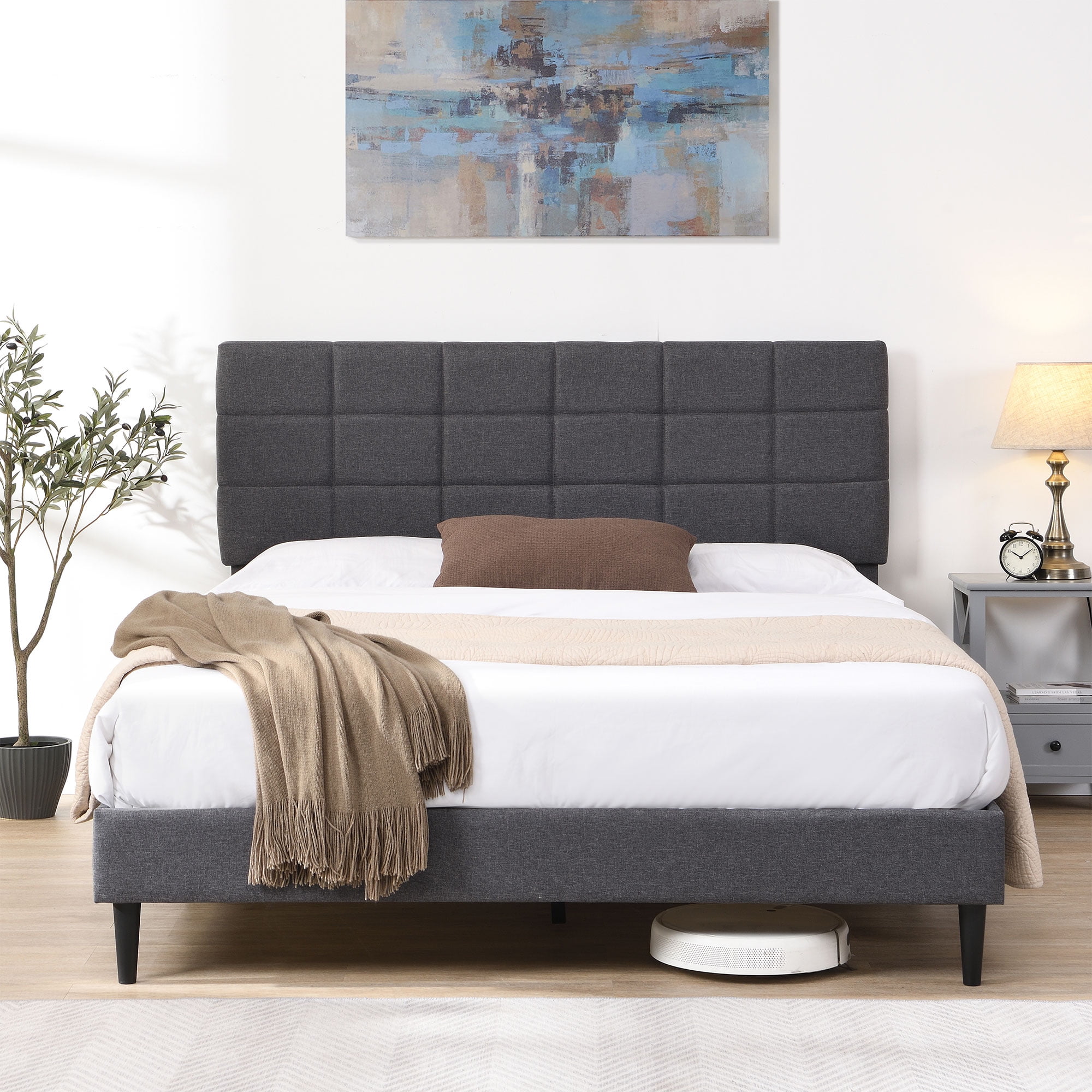paproos Full Upholstered Bed Frame, Platform Bed with Fabric ...