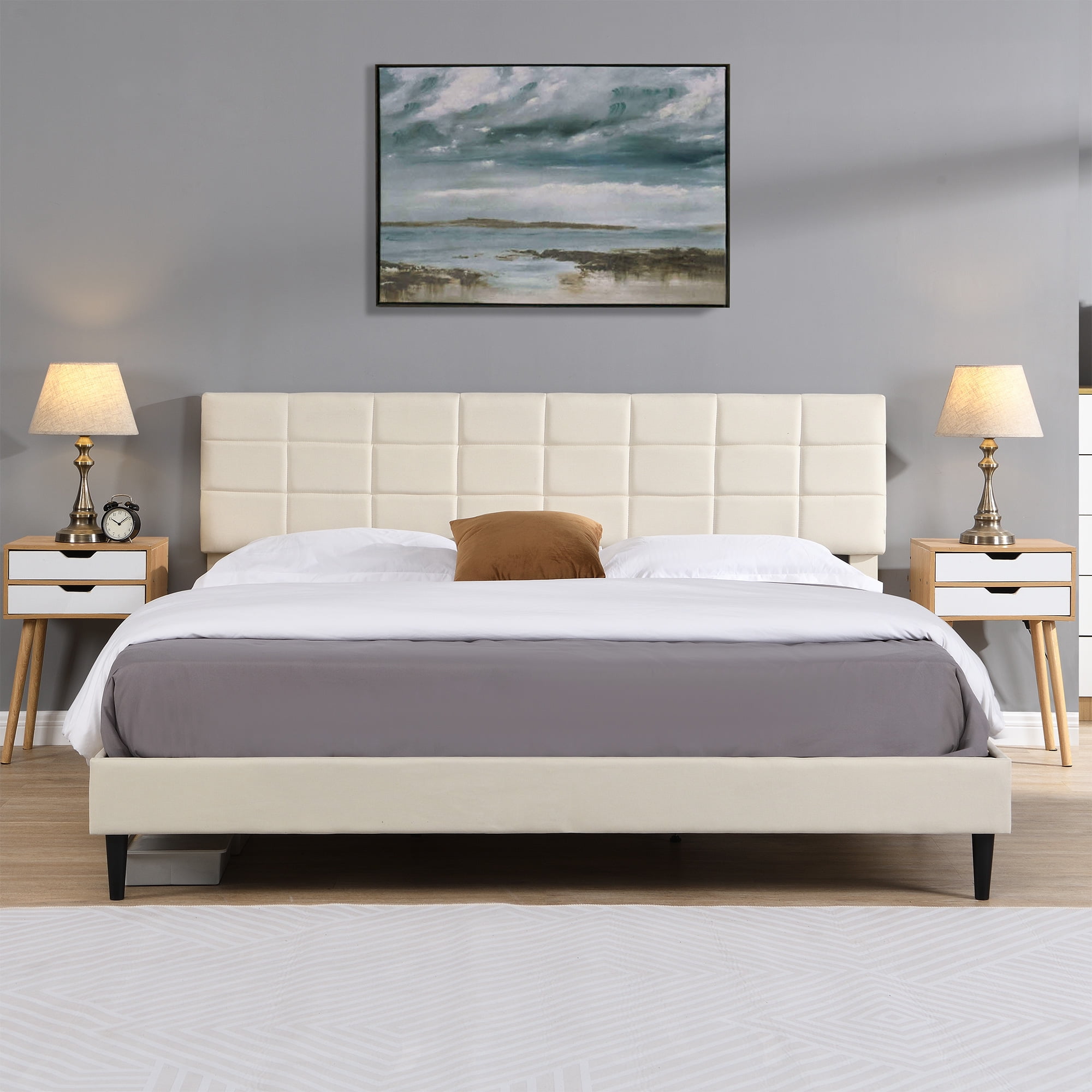 paproos King Upholstered Bed Frame, Platform Bed with Fabric ...