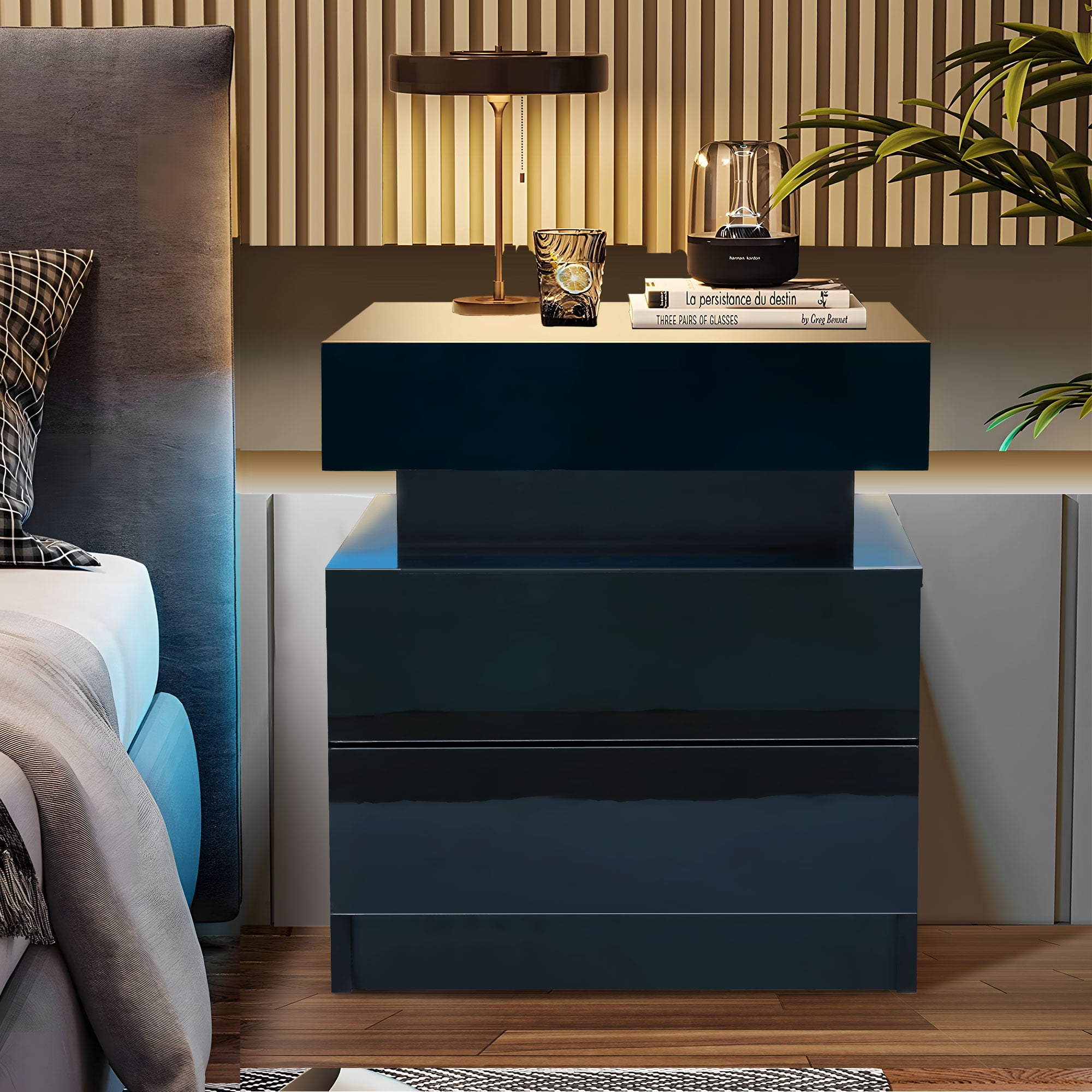 Paproos Furniture LED Nightstand, Modern Black Bedside Table with High ...