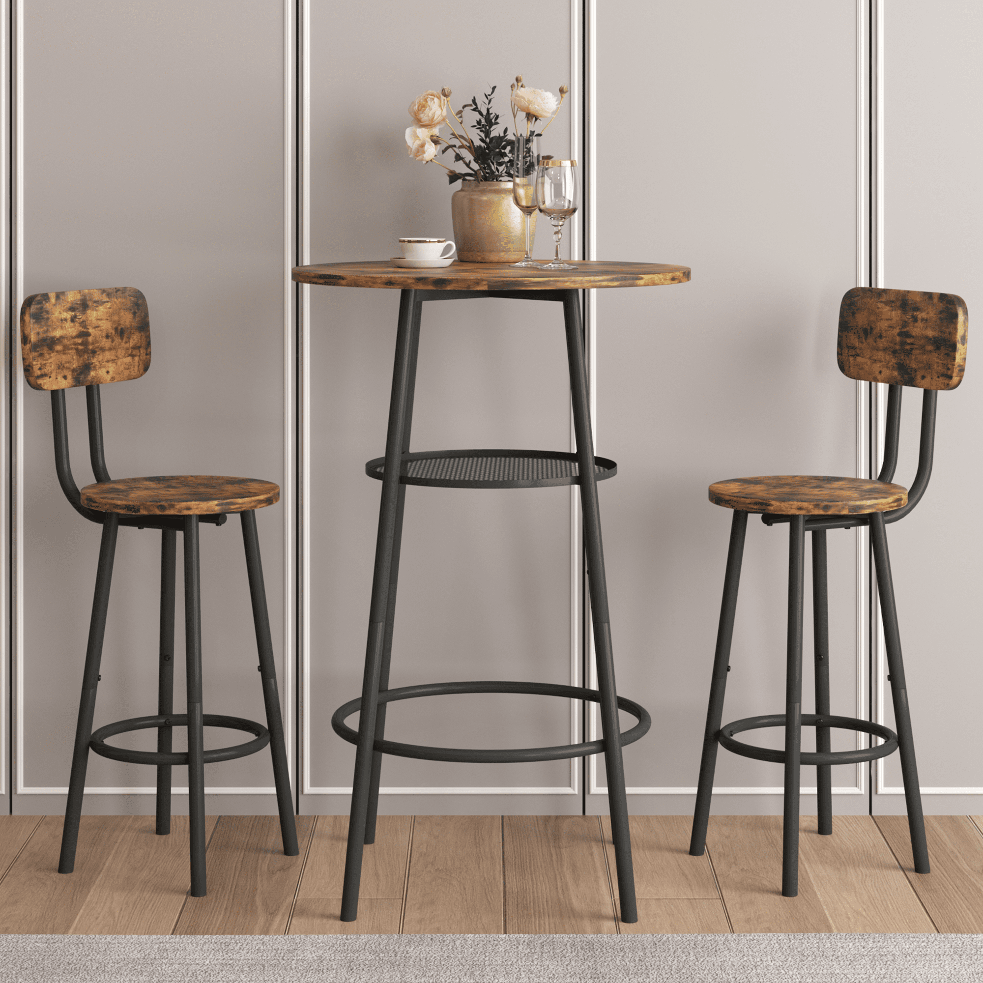 paproos Round Bar Table Set for 2 3 Pcs Pub Bistro Table and Stools with Backrest Set Industrial Counter Height Dining Table and Chairs Set for