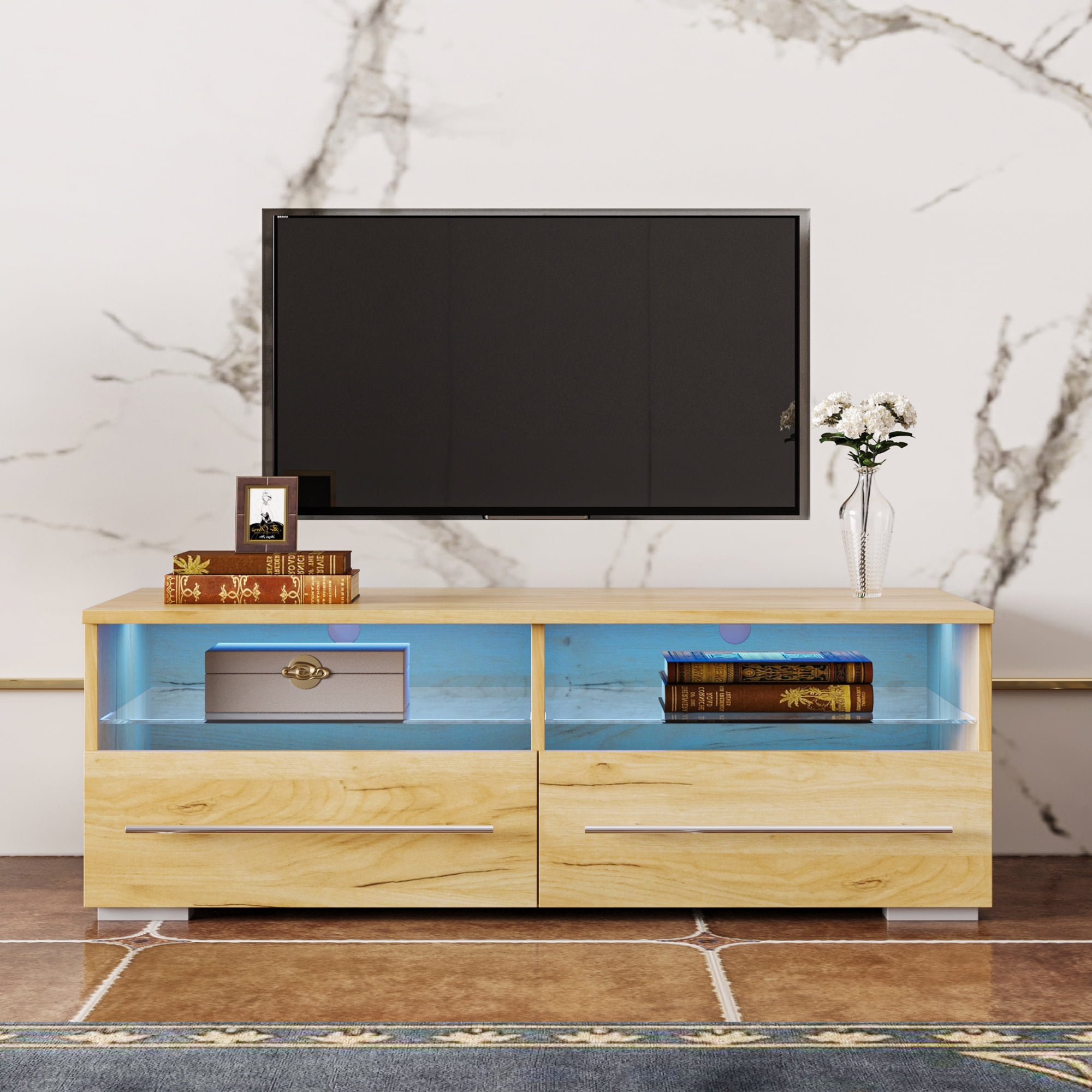 paproos TV Stand for 43 Inch TV, Oak TV Cabinet with 16 Colors LED ...