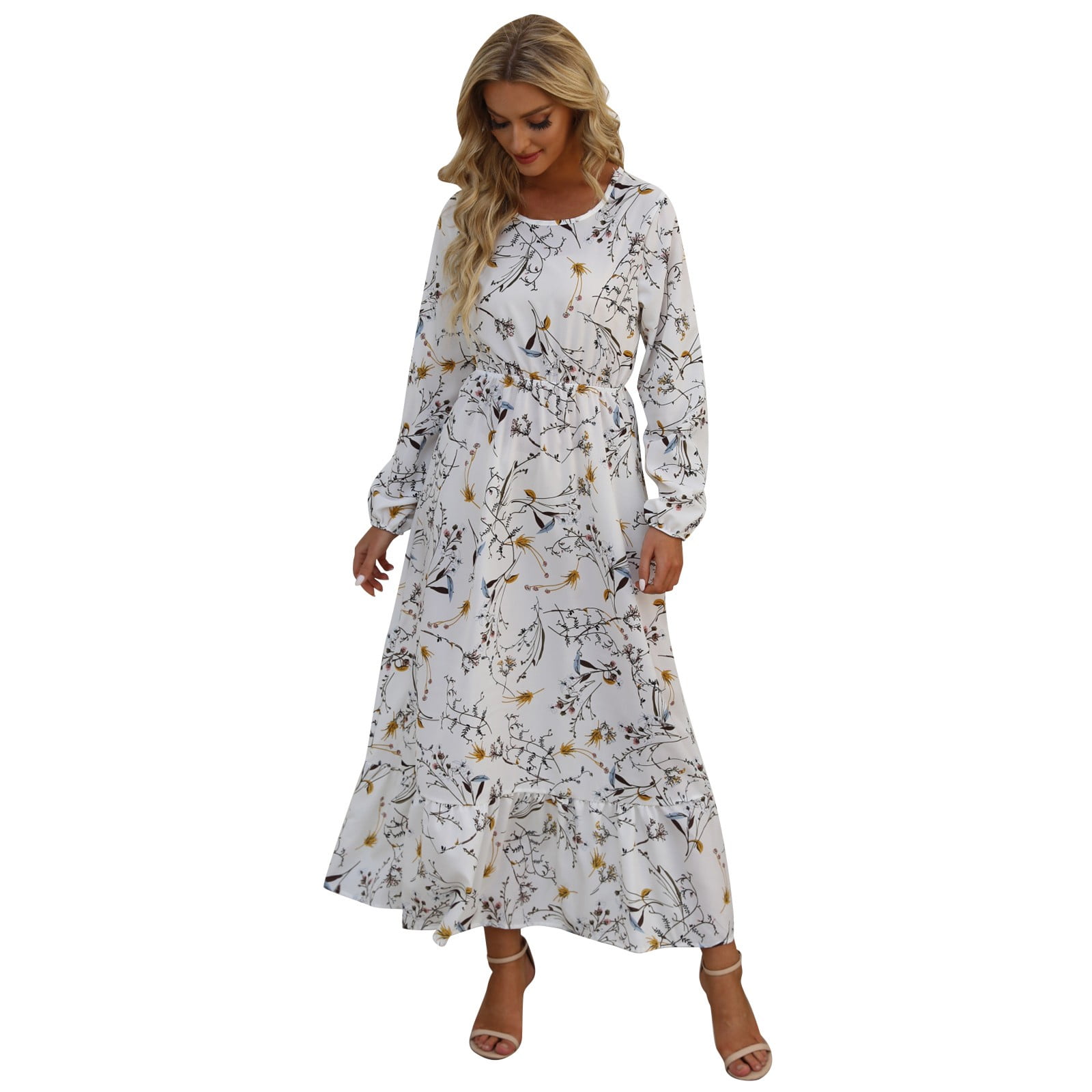 paptzroi womens casual elegant dress long sleeve floral printed o neck ...