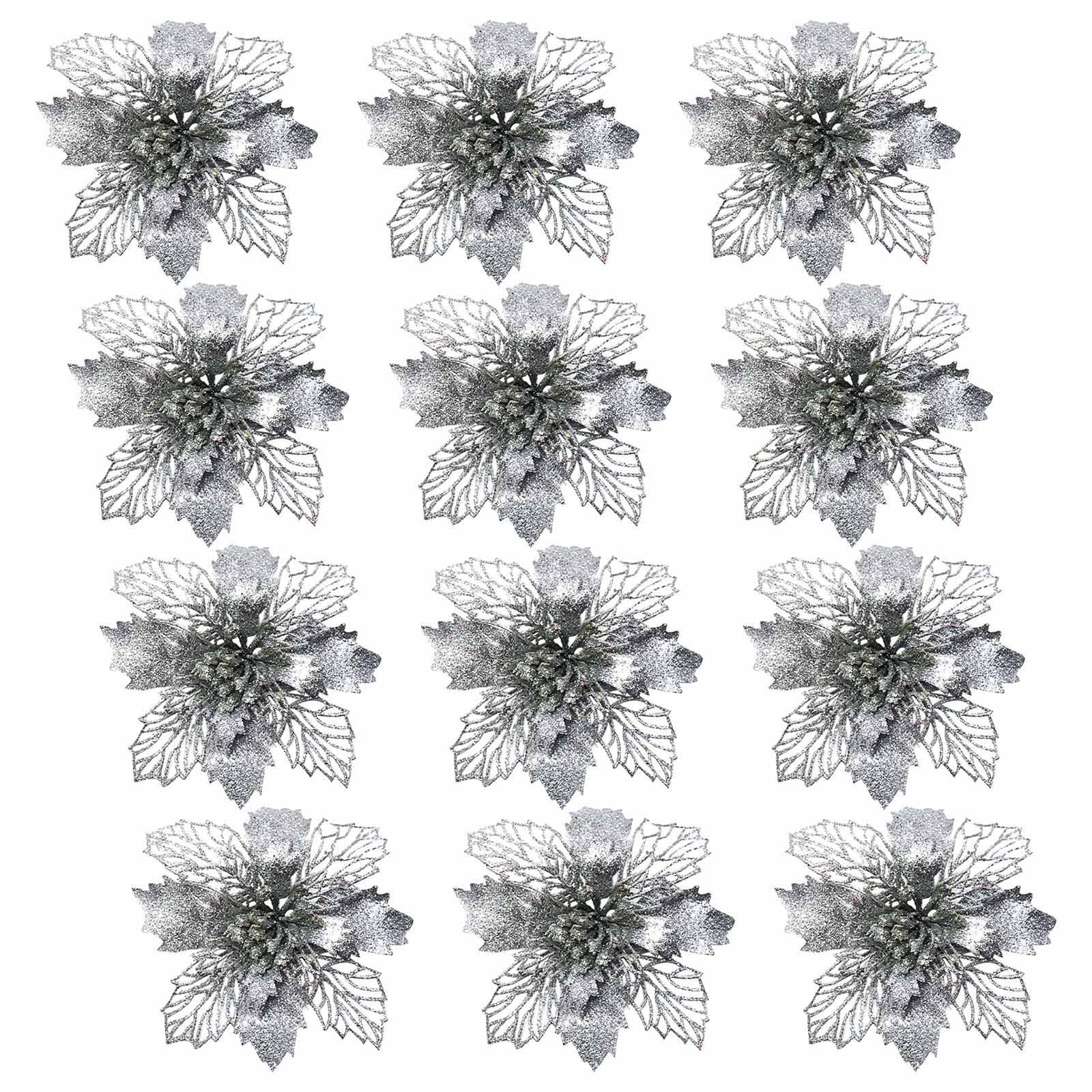 pathside 24PC Silver Christmas Flowers with Clips for Christmas Tree ...