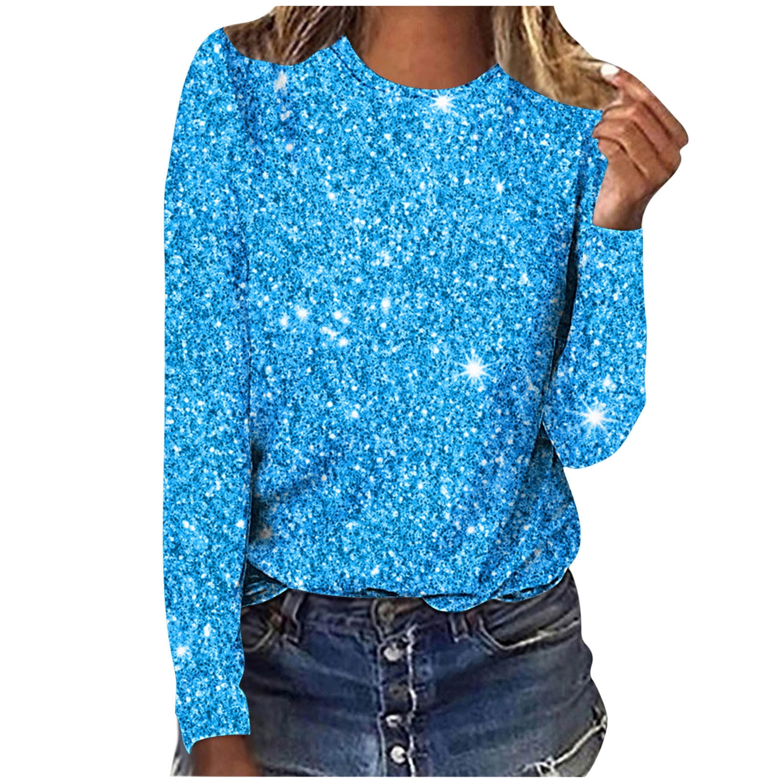 pbnbp Sparkly Tops for Women Shinny Crewneck Long Sleeve Shirts Glitter ...
