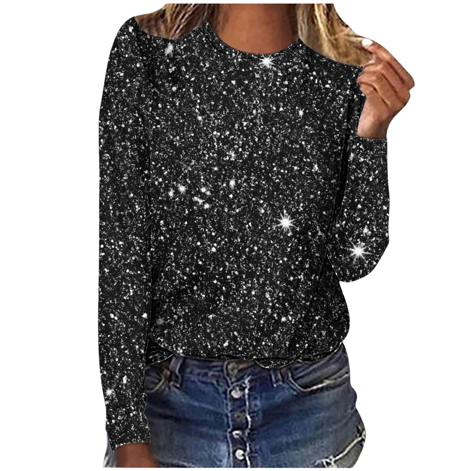 pbnbp Sparkly Tops for Women Shinny Crewneck Long Sleeve Shirts Glitter ...