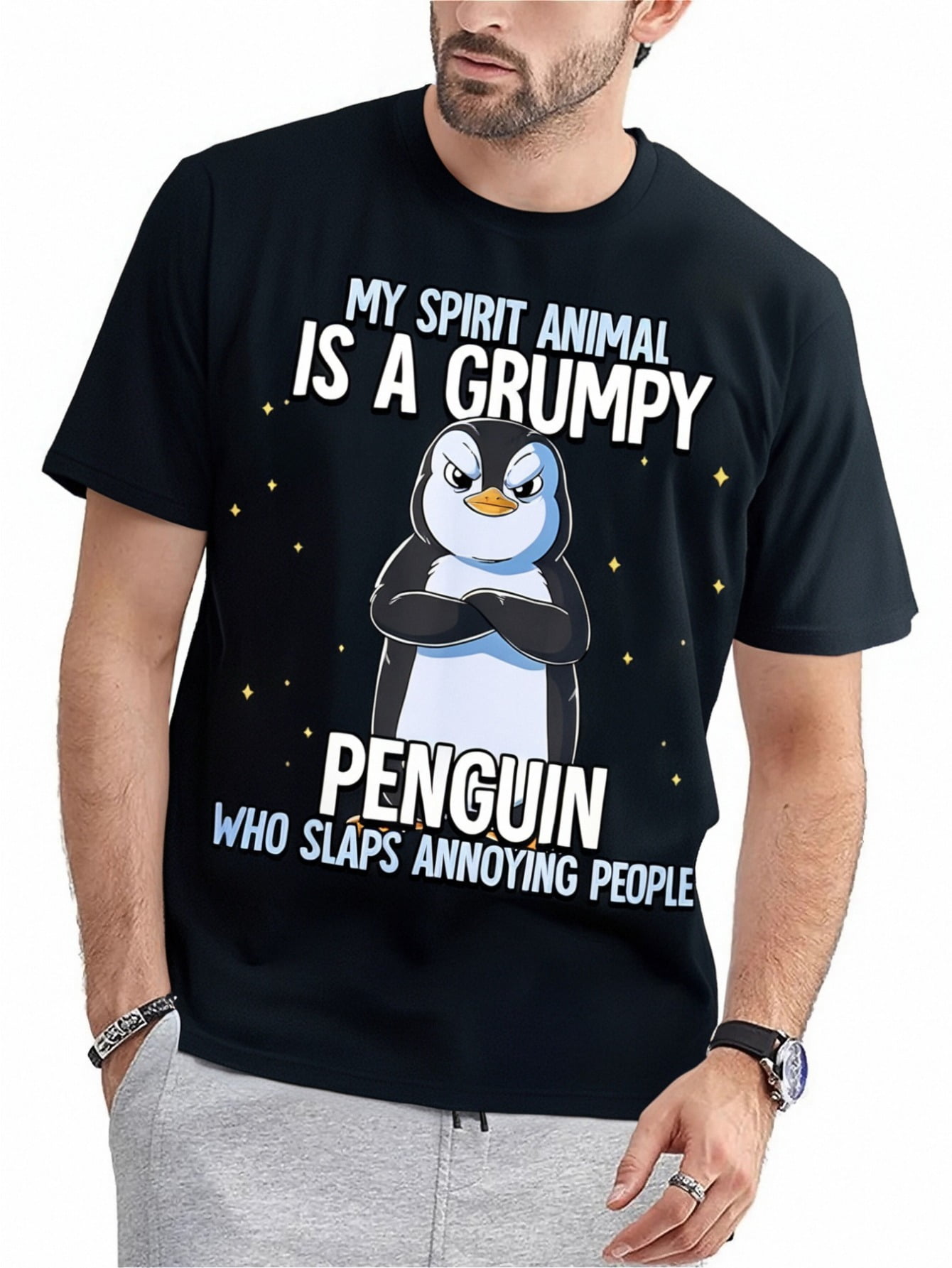 pc Grumpy Penguin Graphic Tee- 100% Cotton, Crew Neck, Short Sleeve, Casual Fit, All-Season Knit ...