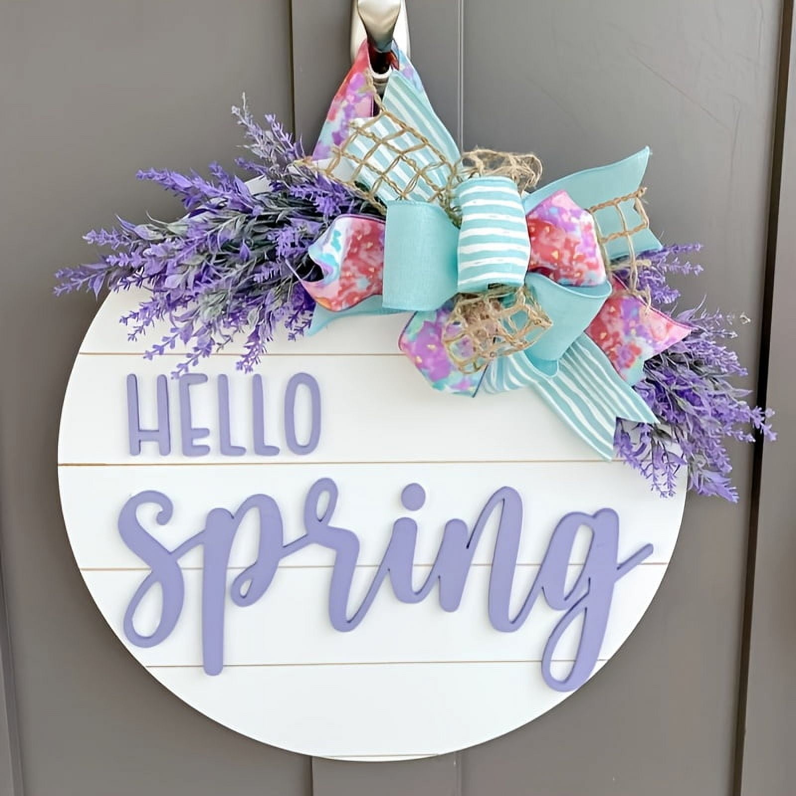 pc Rustic Wooden Hello Spring Sign with 3D Letters and Purple Wreath ...