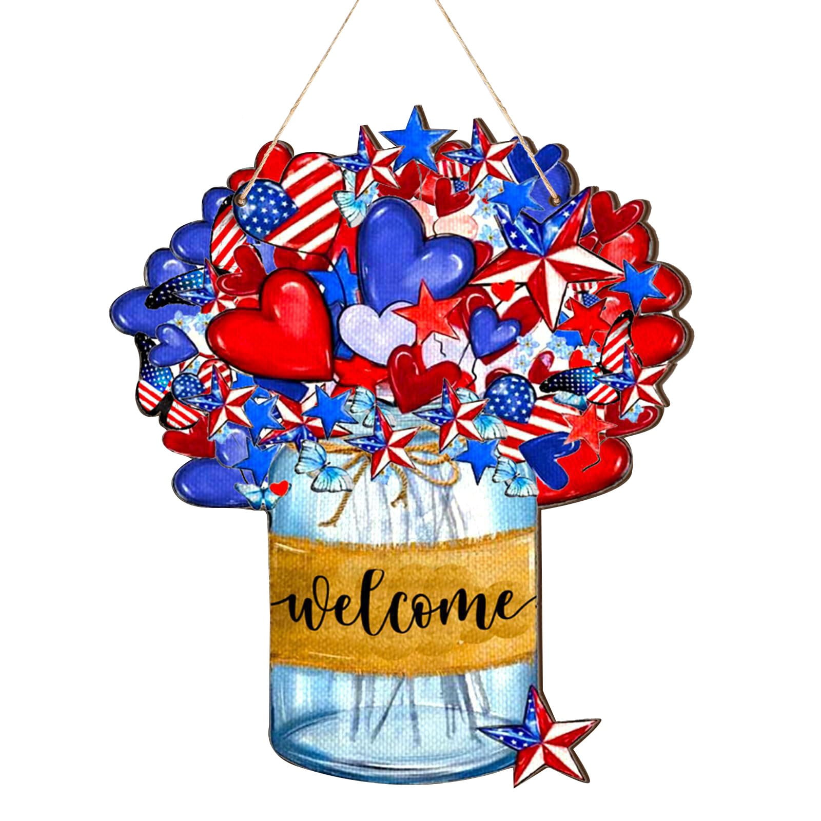 pdqouc 4th of July Welcome Sign Hanging Wooden Wreath Decoration Flower ...