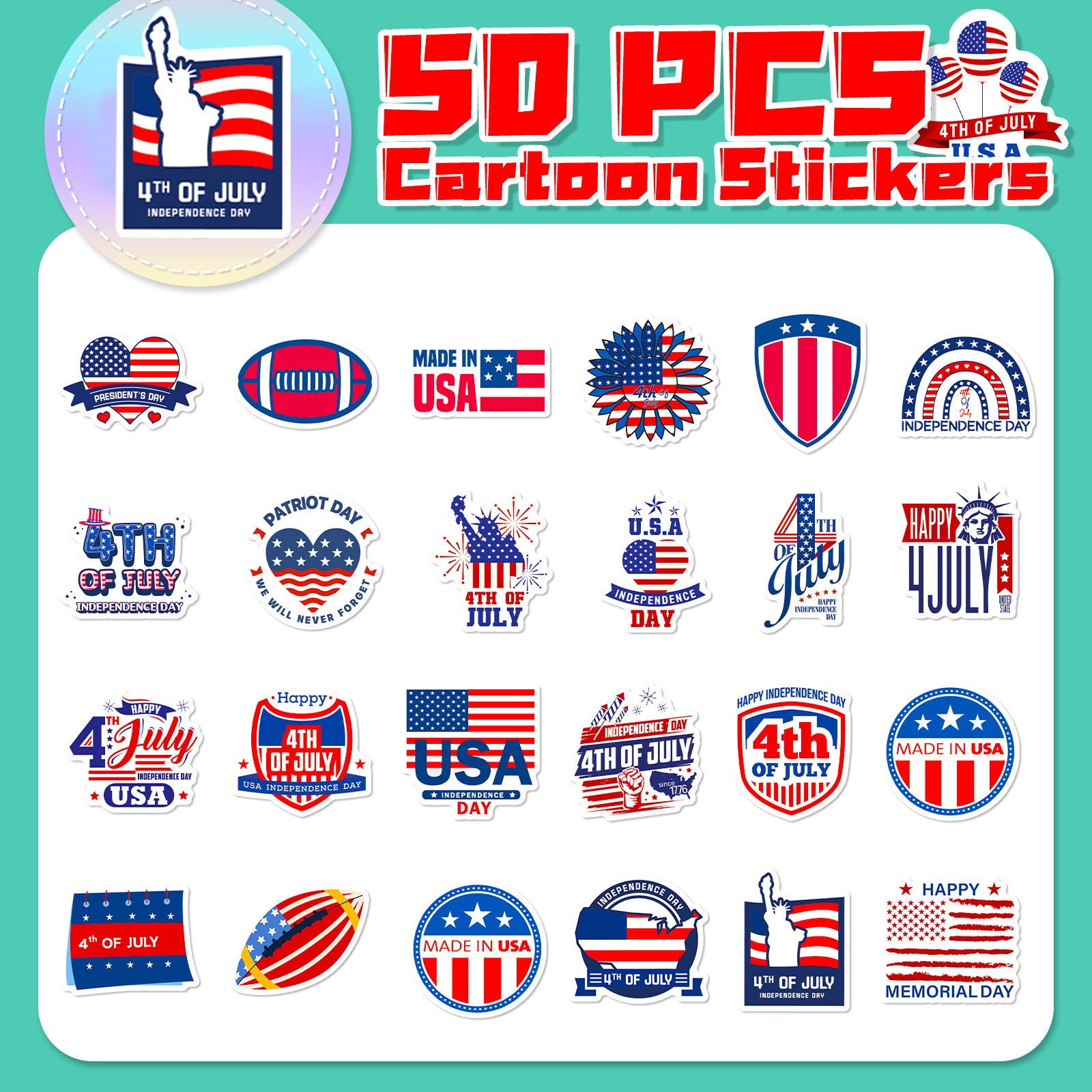 pdqouc 50 Pcs Assorted USA Patriotic Stickers Vinyl American Flag ...