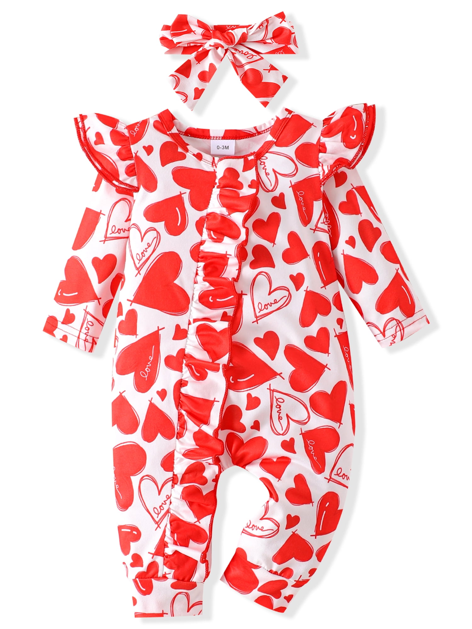 pengnight 0-12M Newborn Baby Girl Fall Outfit, Long Sleeve Heart Print Jumpsuit with Headband ...
