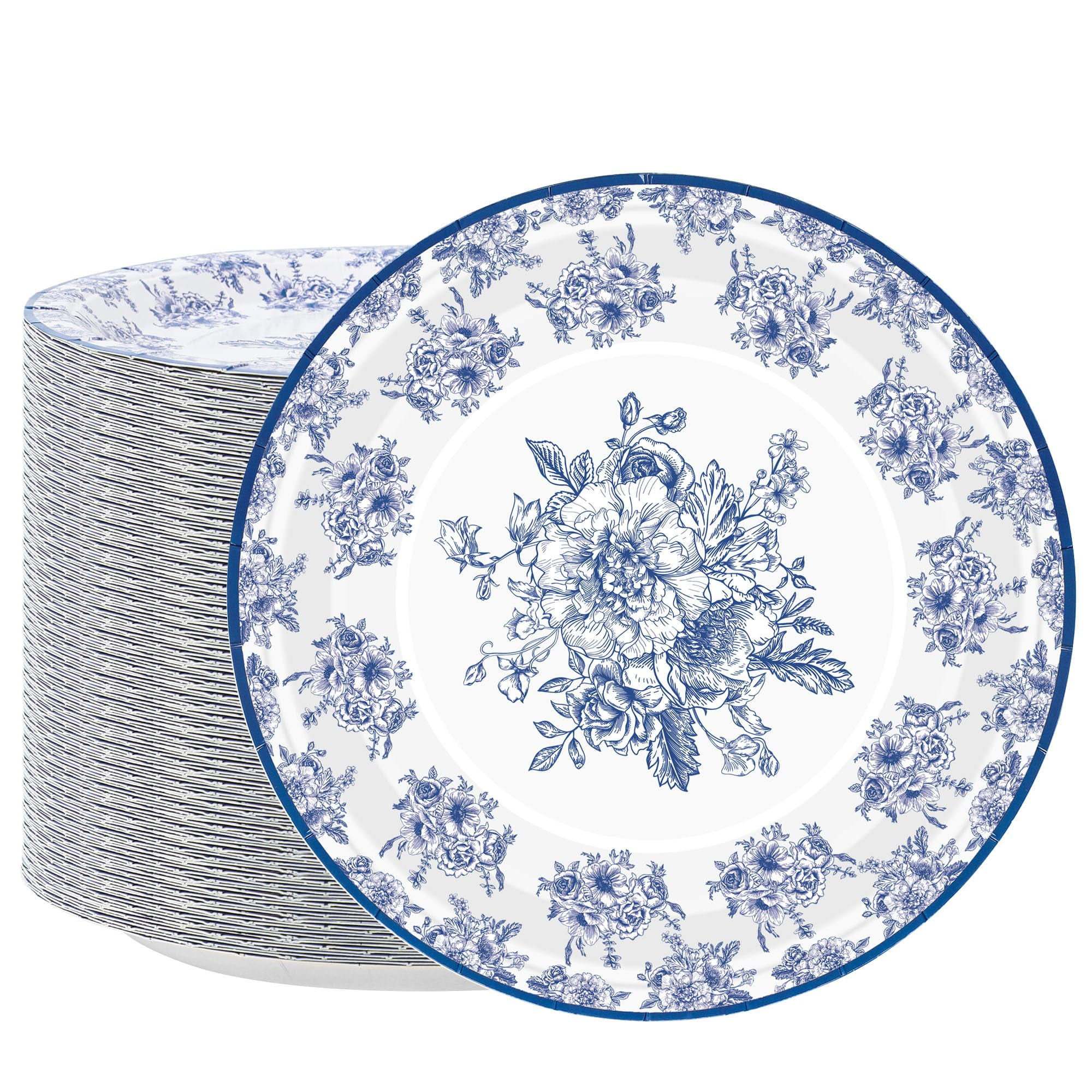 peony man 50 PCS Blue Floral AFN1Paper Plates Blue and White Flower ...