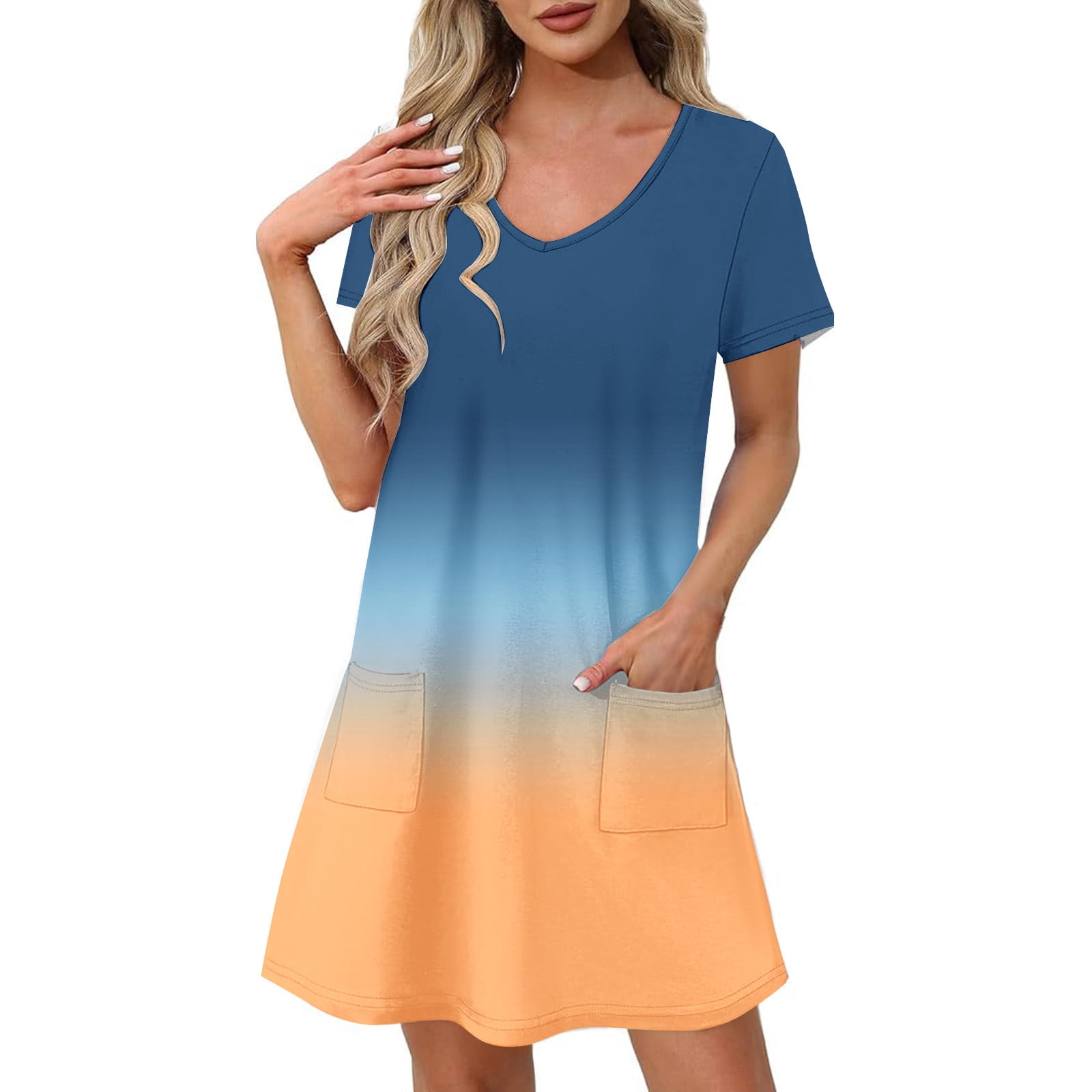 perfectbot Women Summer Dresses Mini Dress Gradient Color Short Sleeve ...