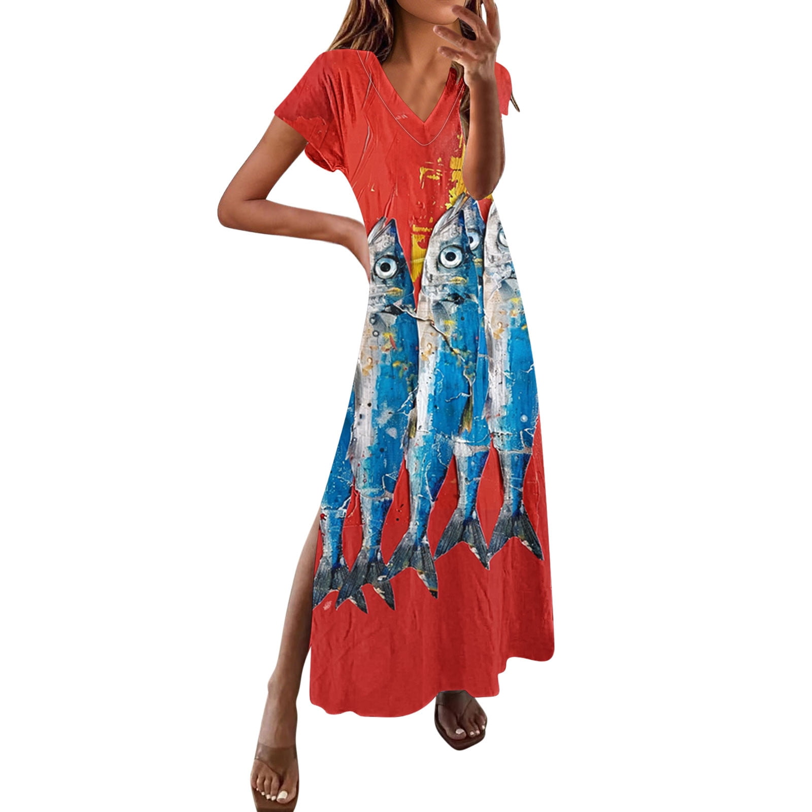 perfectbot Women's Summer Dresses Hem Slit Flowy Plus Size Short Sleeve ...