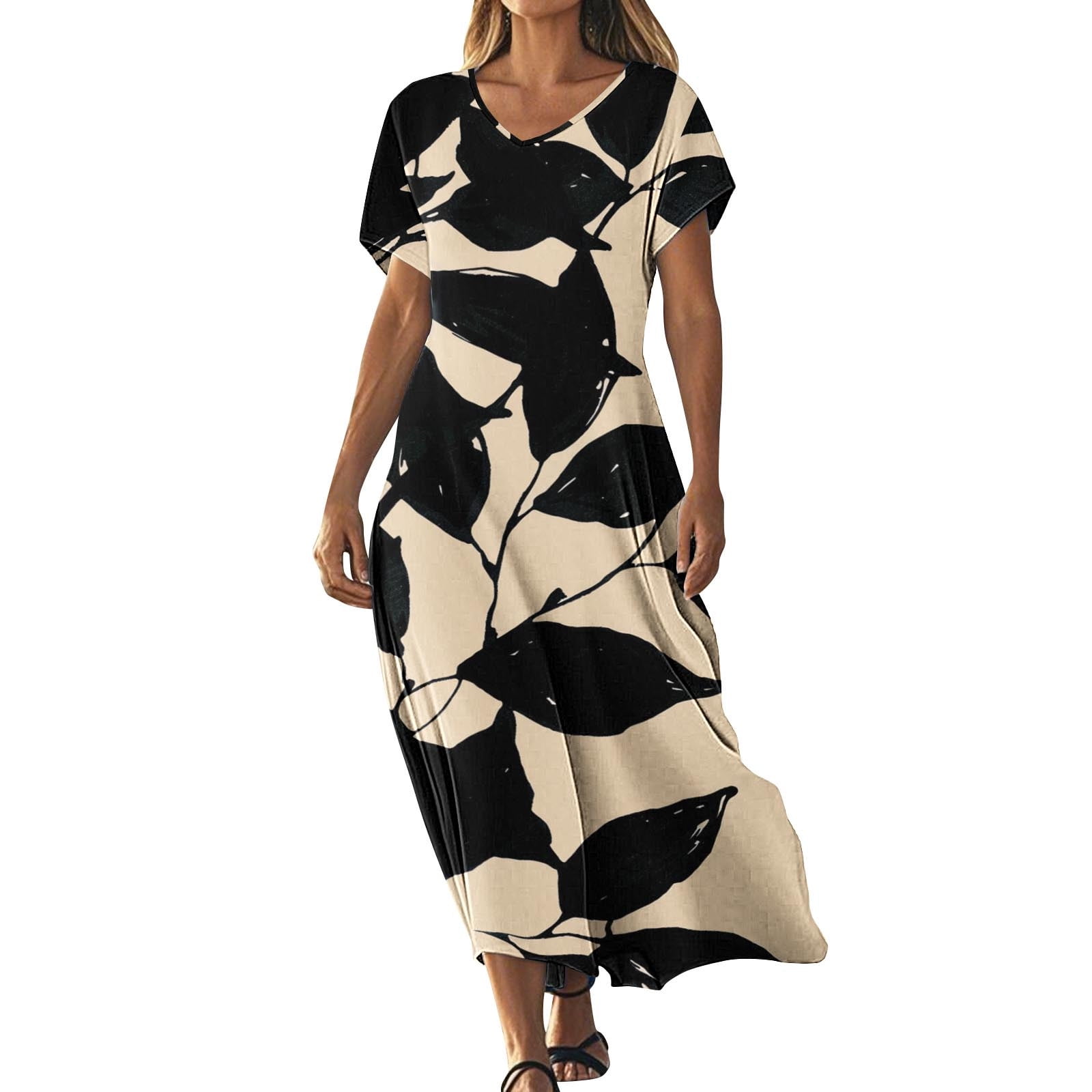 perfectbot Womens Summer Dress Short Sleeve V-Neck Boho Long Dresses ...