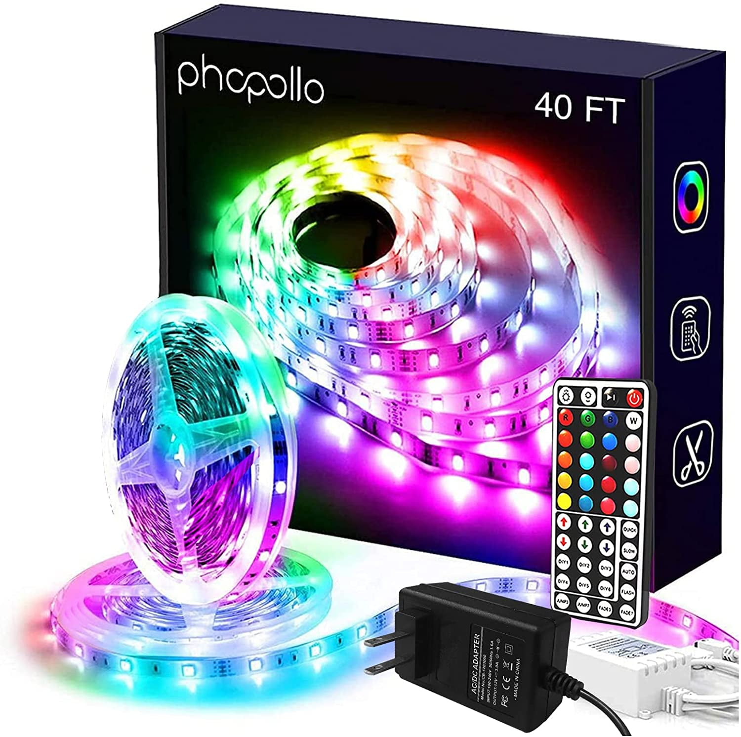 phopollo Led Lights 40ft for Bedroom RGB Color Changing Led Lights Kit ...