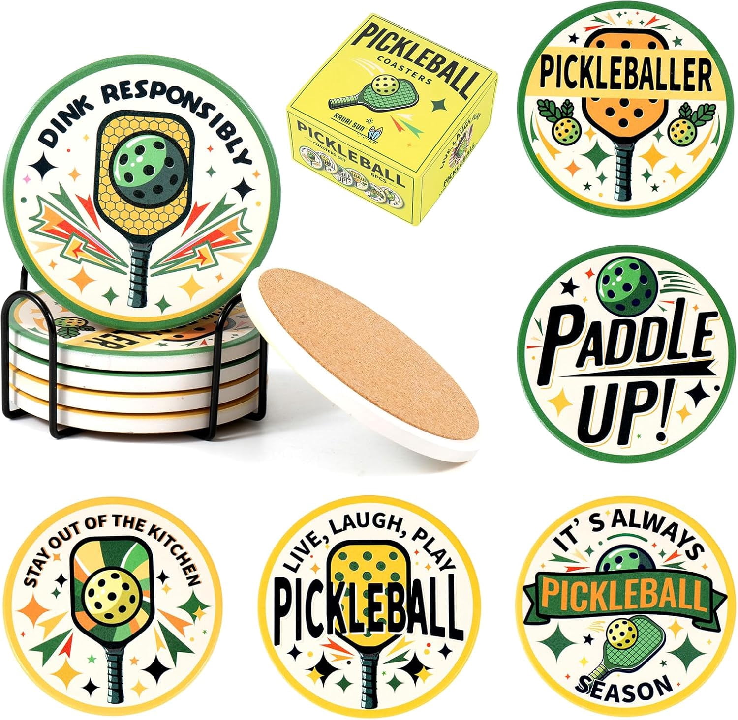 pickleball themed coaster set, 6 pieces, ceramic, vibrant designs ...