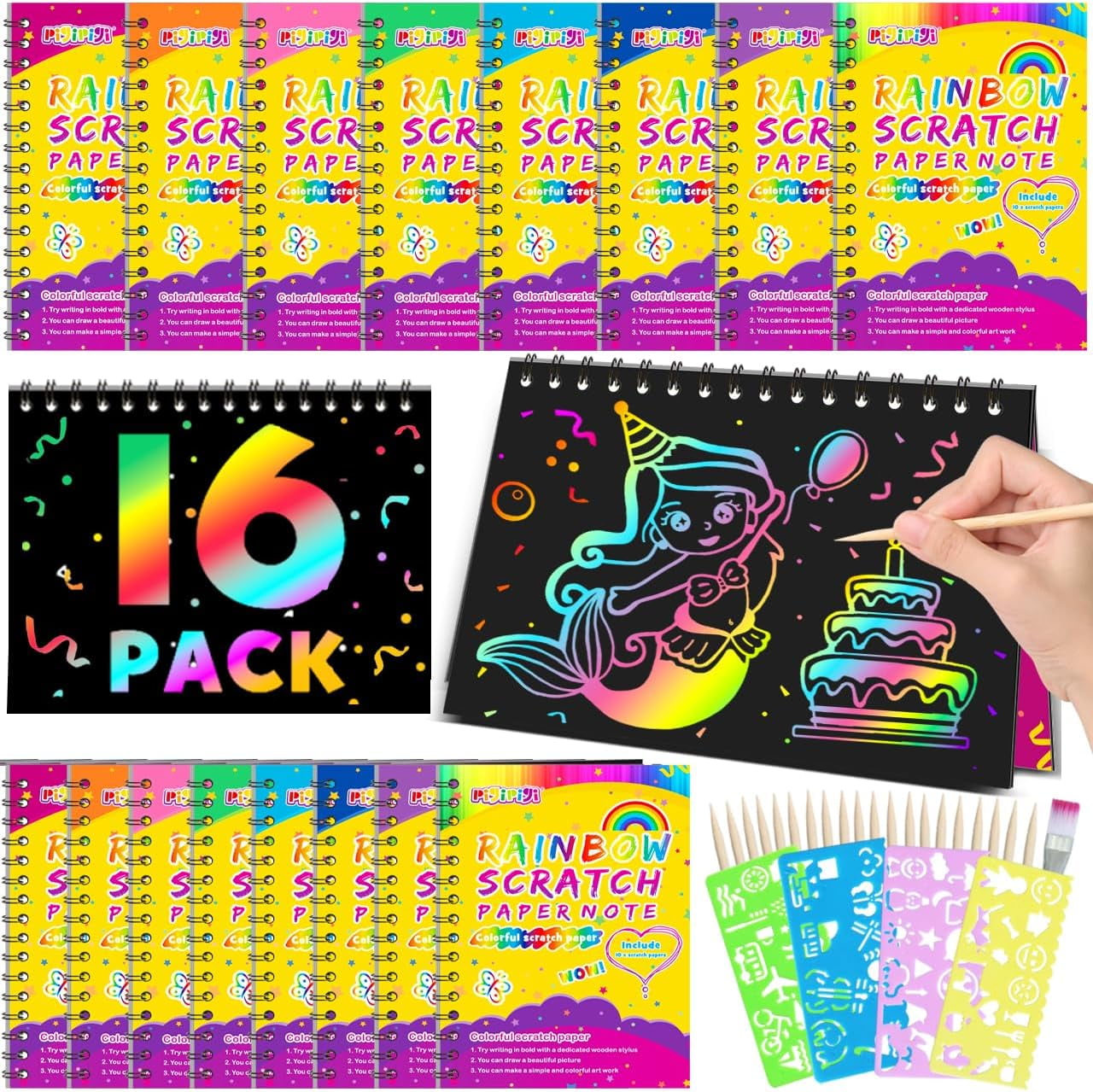 pigipigi Scratch Paper Art 16 Pack - Rainbow Scratch Note Book Magic ...