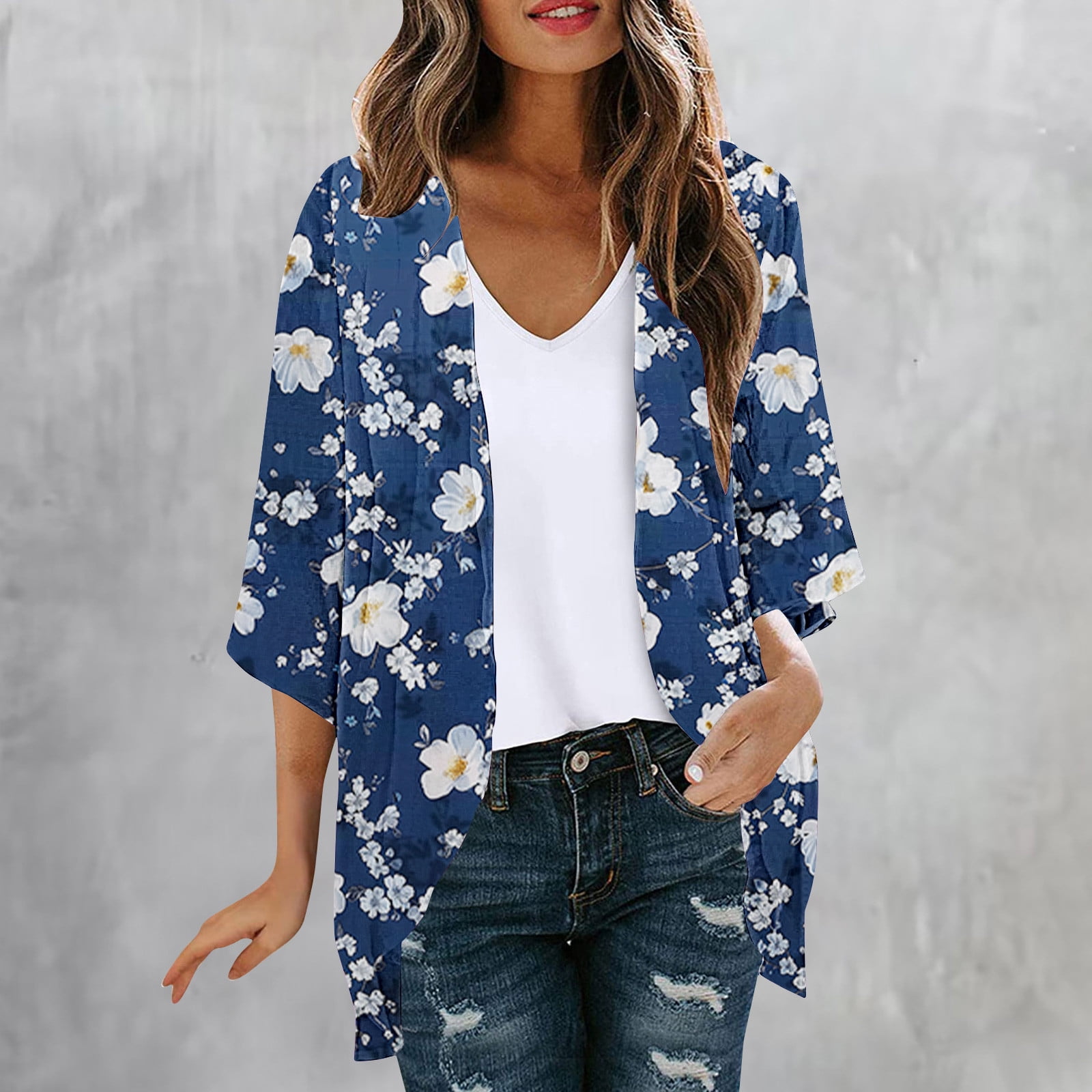 pimelu Kimonos For Women Boho Floral Print Lightweight Cardigans 3/4 ...
