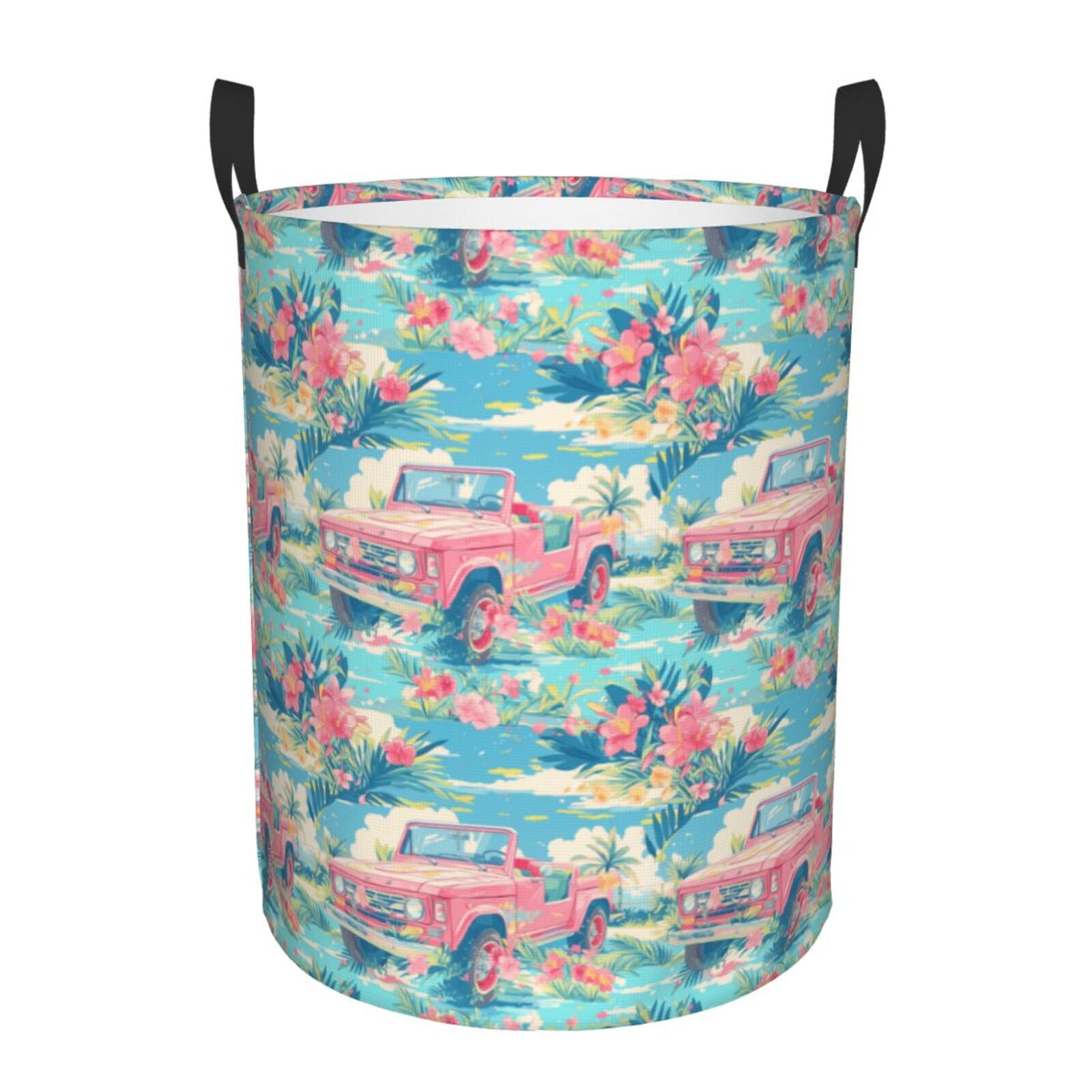 pink SUV car flower Round Laundry Basket, Laundry Hamper with Handle ...