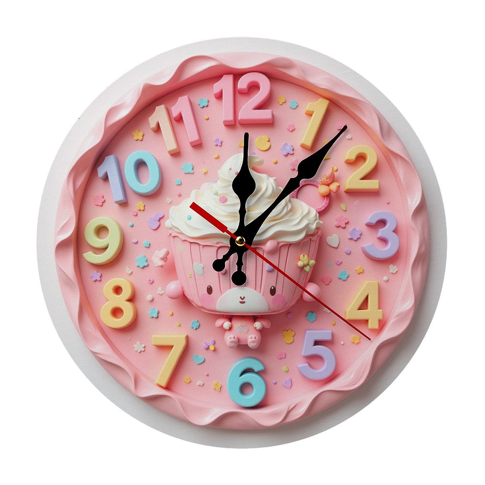 A pink cupcake with white frosting and colorful sprinkles, surrounded ...