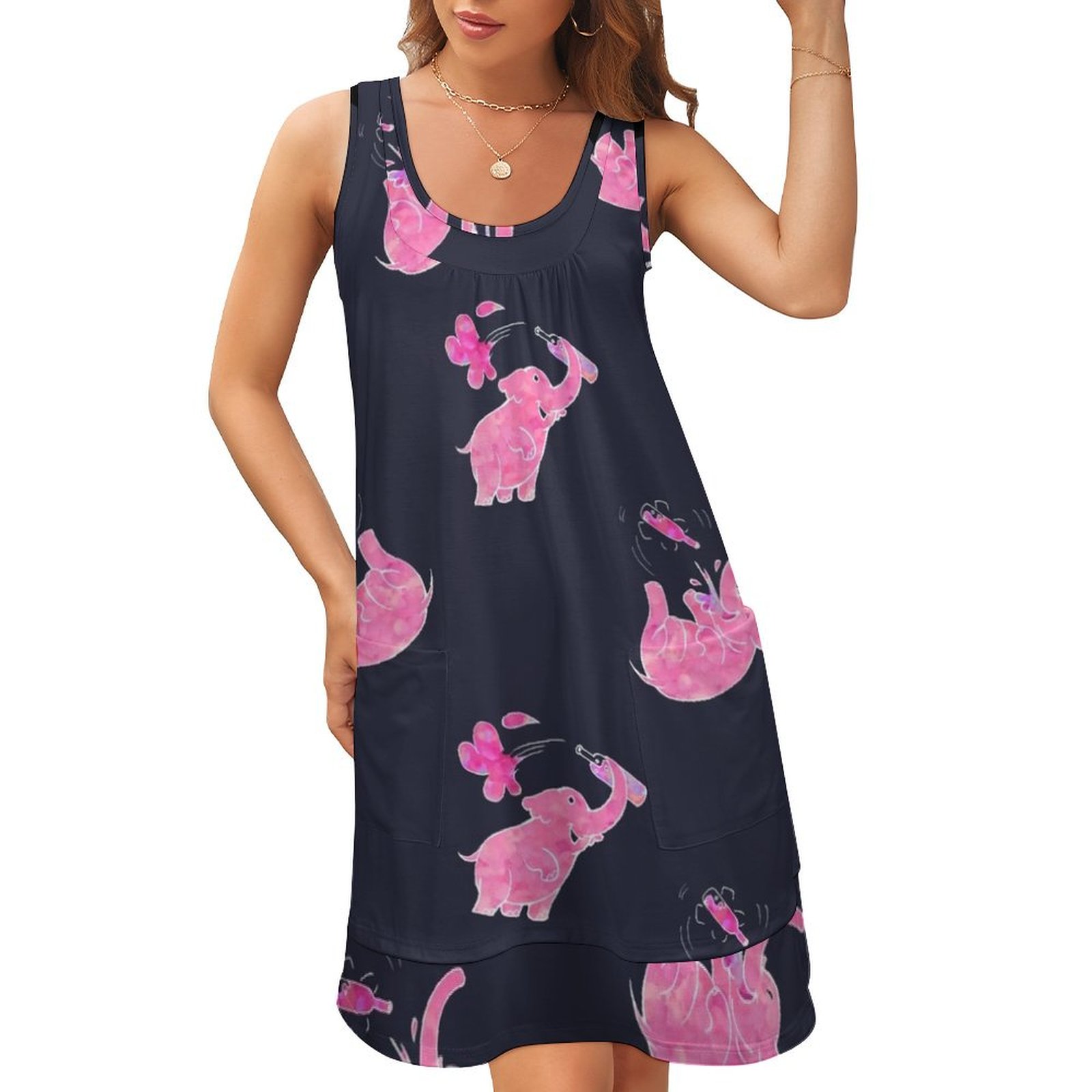 pink elephant Sleeveless U-Neck Fake Two Piece Dress summer clothes ...