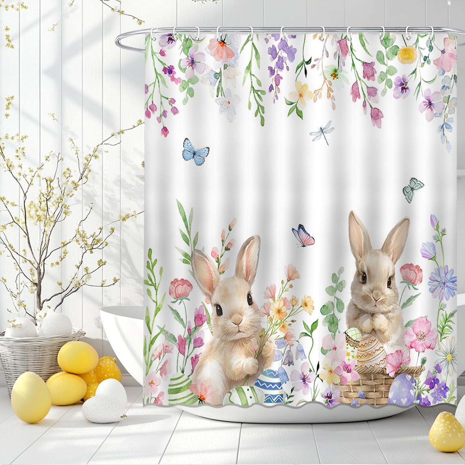pipaio Easter Bunny Shower Curtain Spring Easter Eggs Cute Rabbits ...