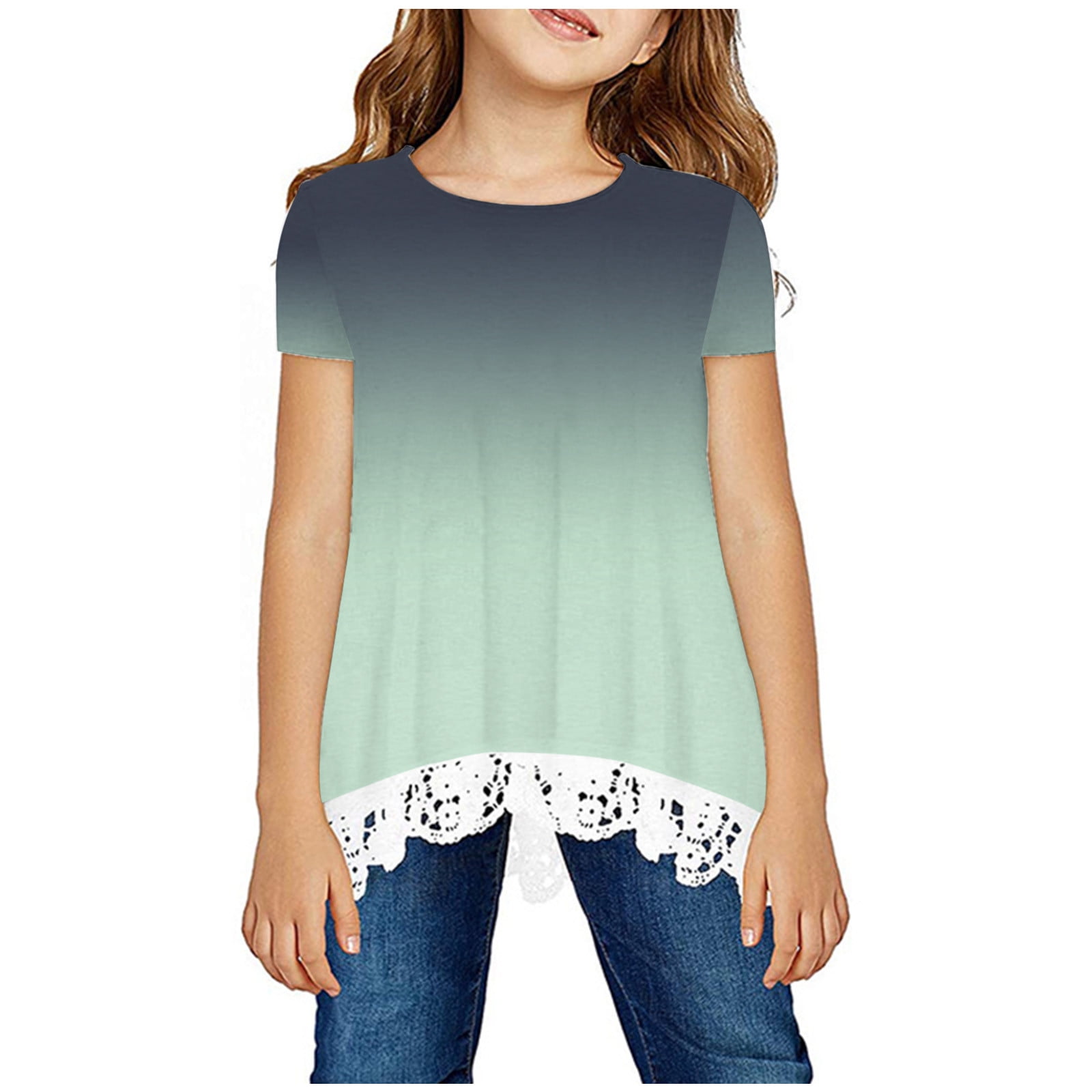 Piuwrlz Summer T-Shirts for Girls Short Tops Sleeve Printed Lace Round ...