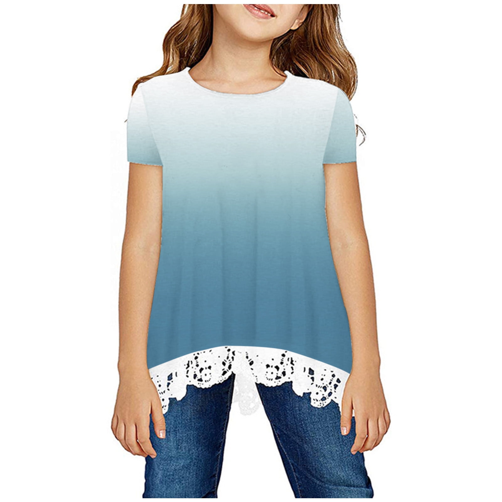 Piuwrlz Summer Top Shirt for Girls Printed Lace Round Neck T Shirt Top ...