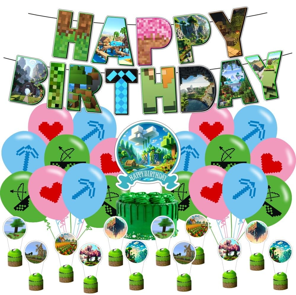 pixel Birthday Decorations, pixel Party Supplies KKS1 Include Happy Birthday Banner, Cake Topper ...