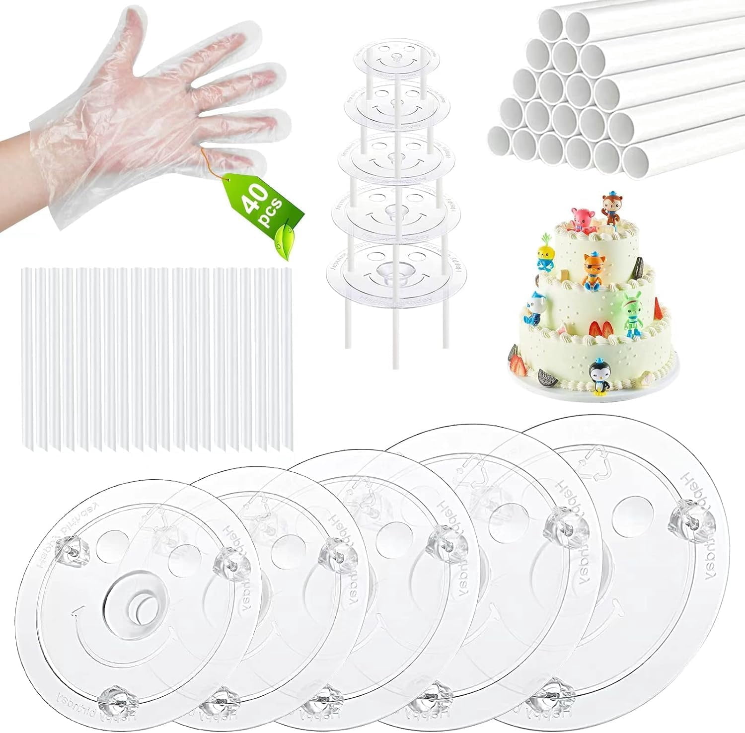 plastic cake dowel set: 40 rods, 20 white support, 5 separator plates ...
