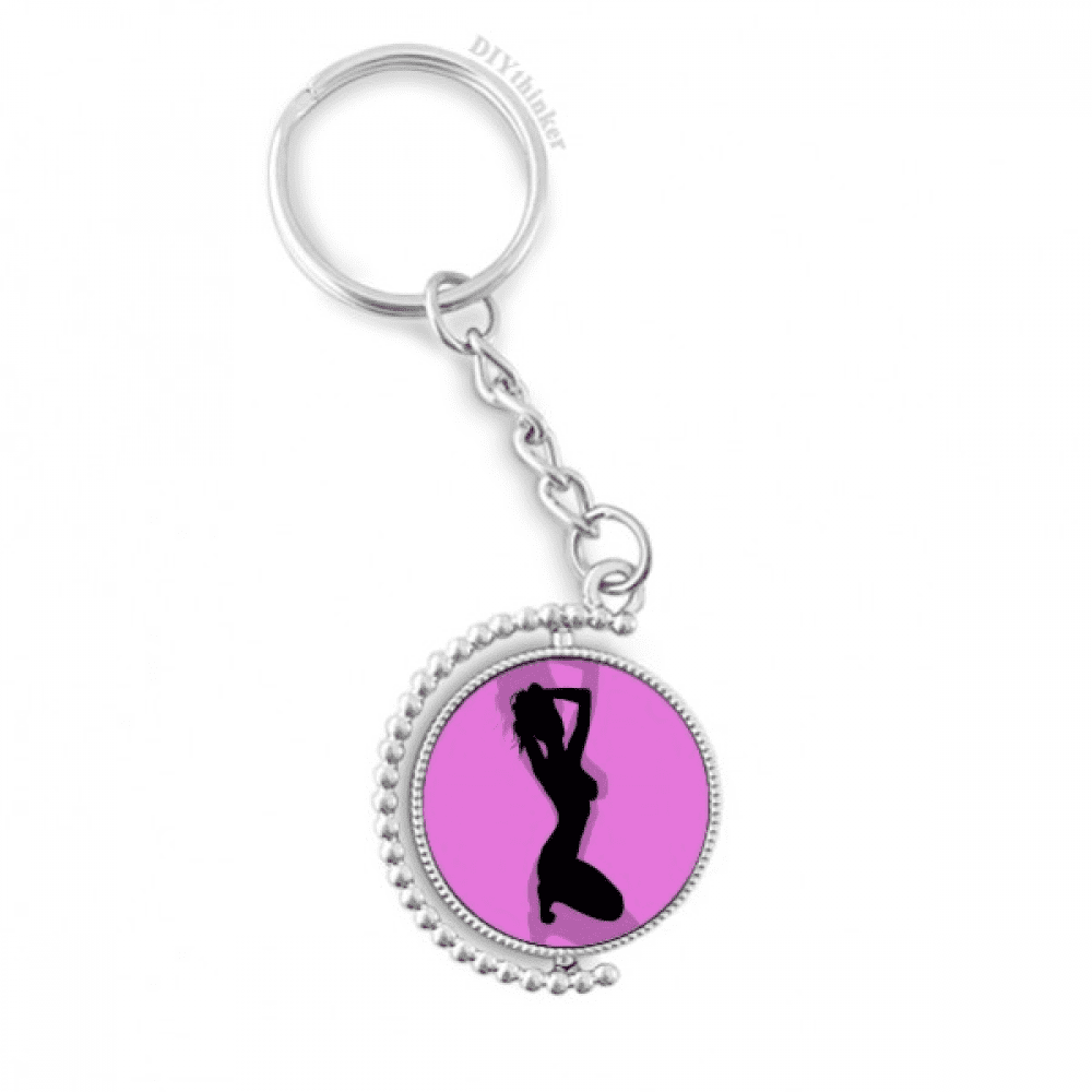 plump slim woman kneeling rotatable keyholder disc accessories chain ...