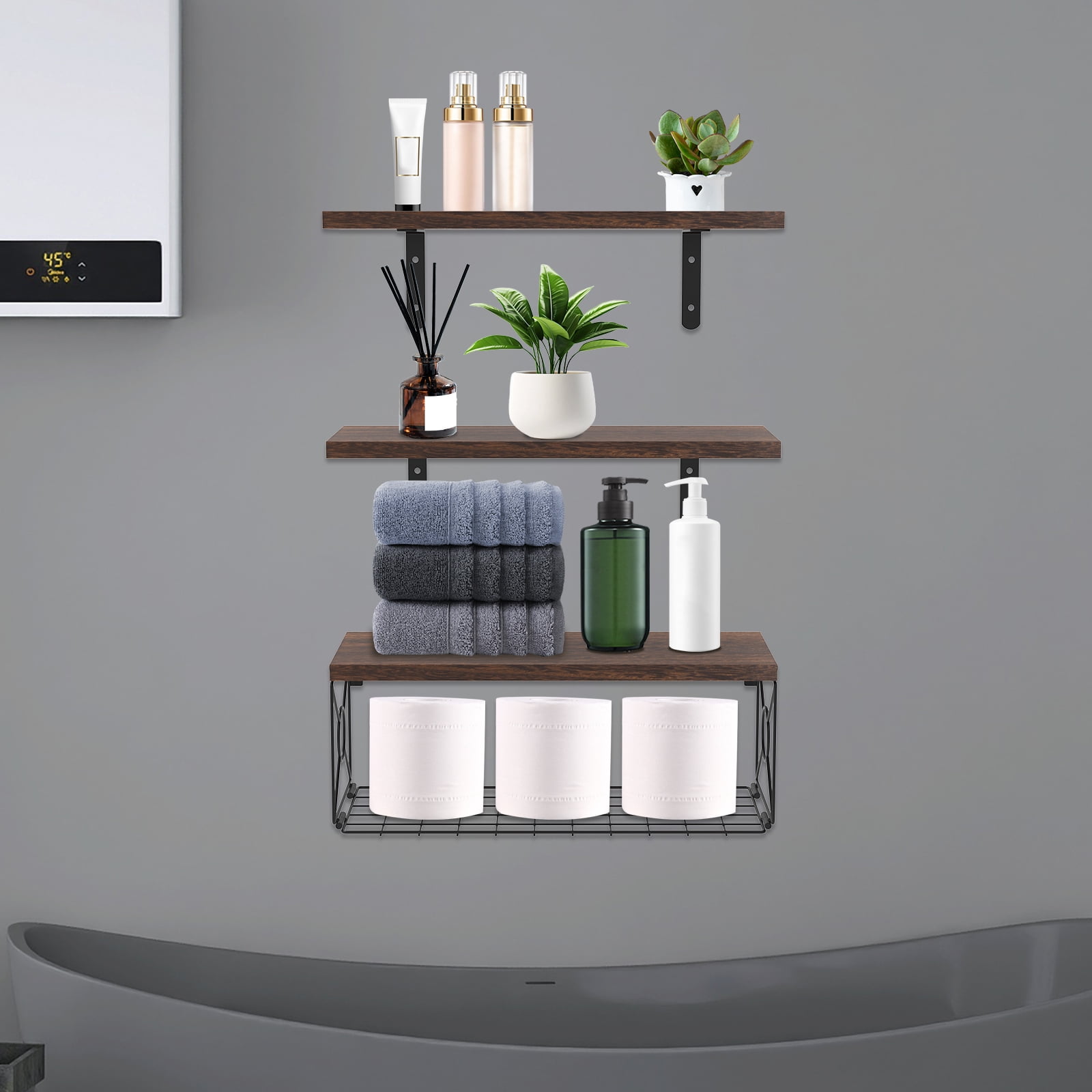 pluokvzr Floating Shelves Robust Wall Hanging Shelf with Storage Basket ...