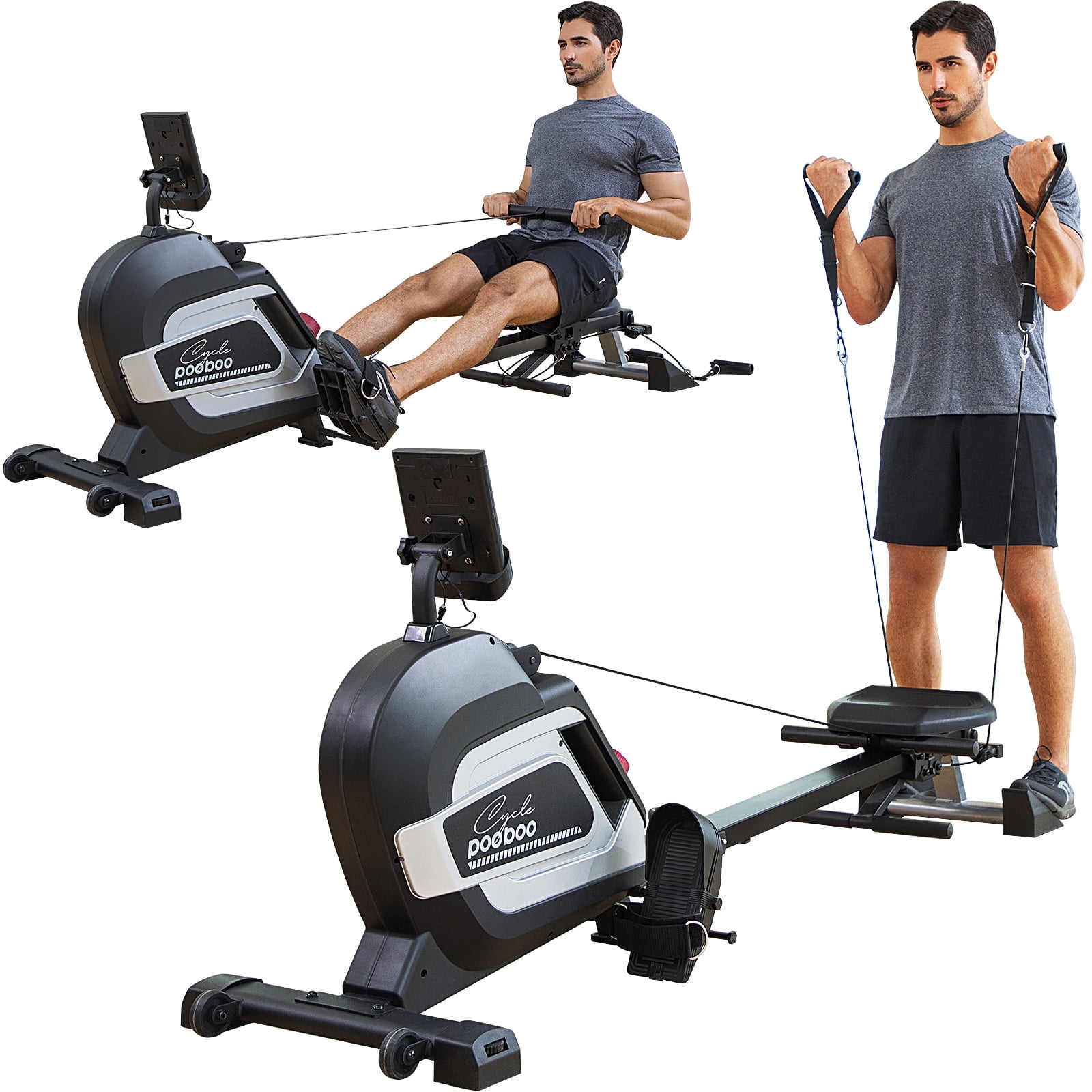 Pooboo 3-in-1 Home Gym Equipment, Foldable Rowing Machine with 14 ...