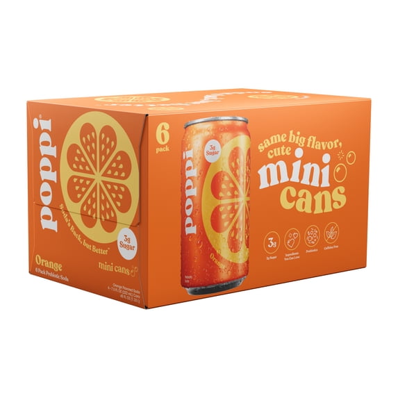 poppi Orange Prebiotic Soda Mini Can, 7.5 fl oz Can, 6 Pack Cans ...