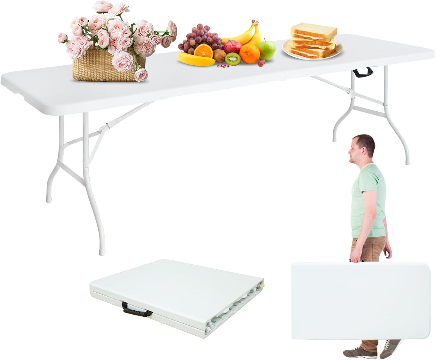 portable 8ft folding table, heavy duty plastic fold-in-half utility ...