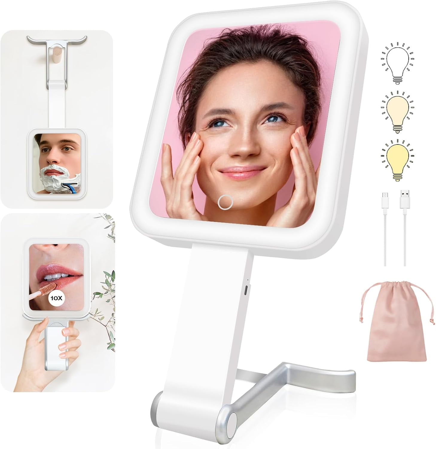 portable travel makeup mirror with lights, double sided 1x/10x ...