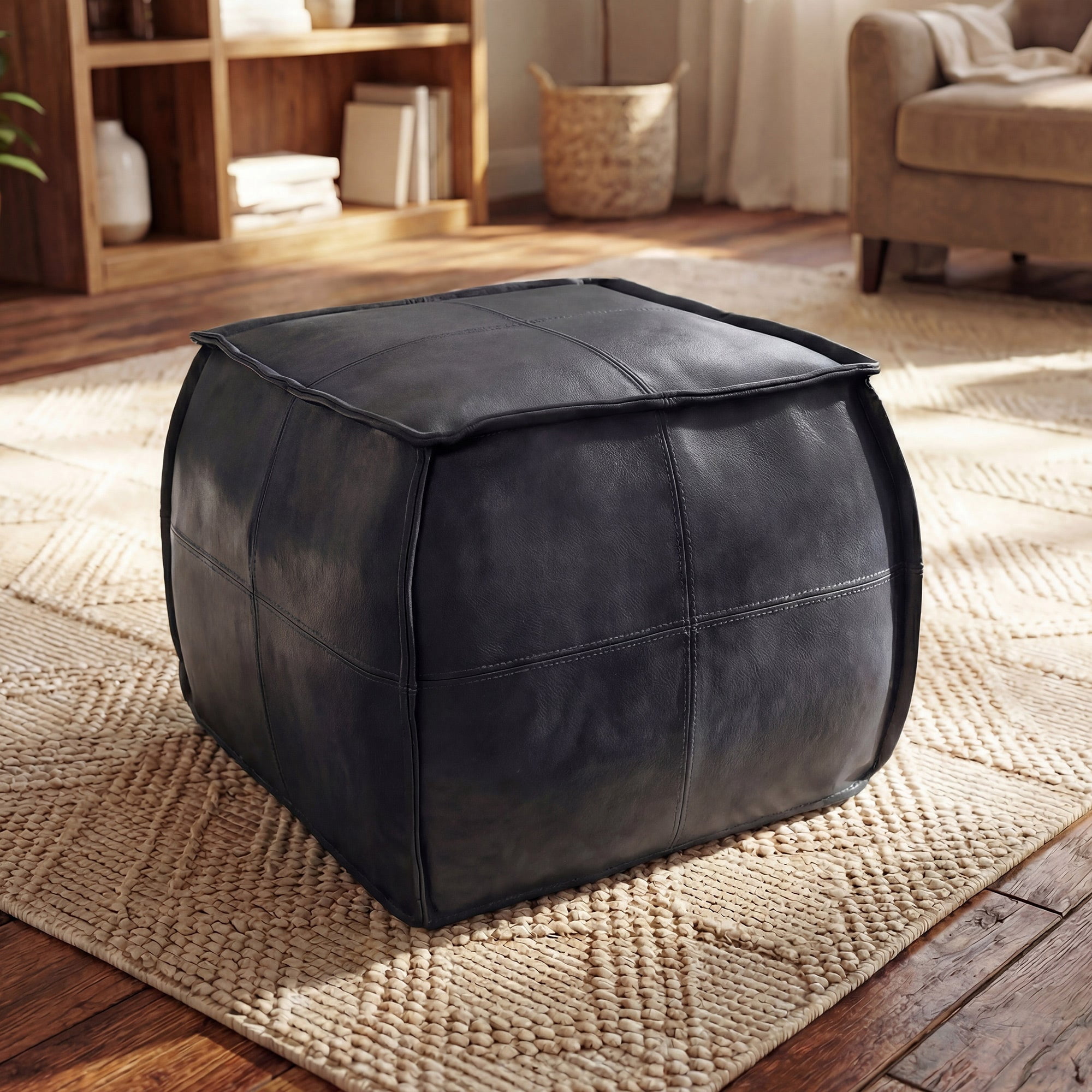 Poshby Genuine Leather Pouf Ottoman with Handmade Stuffed Foot Stool ...