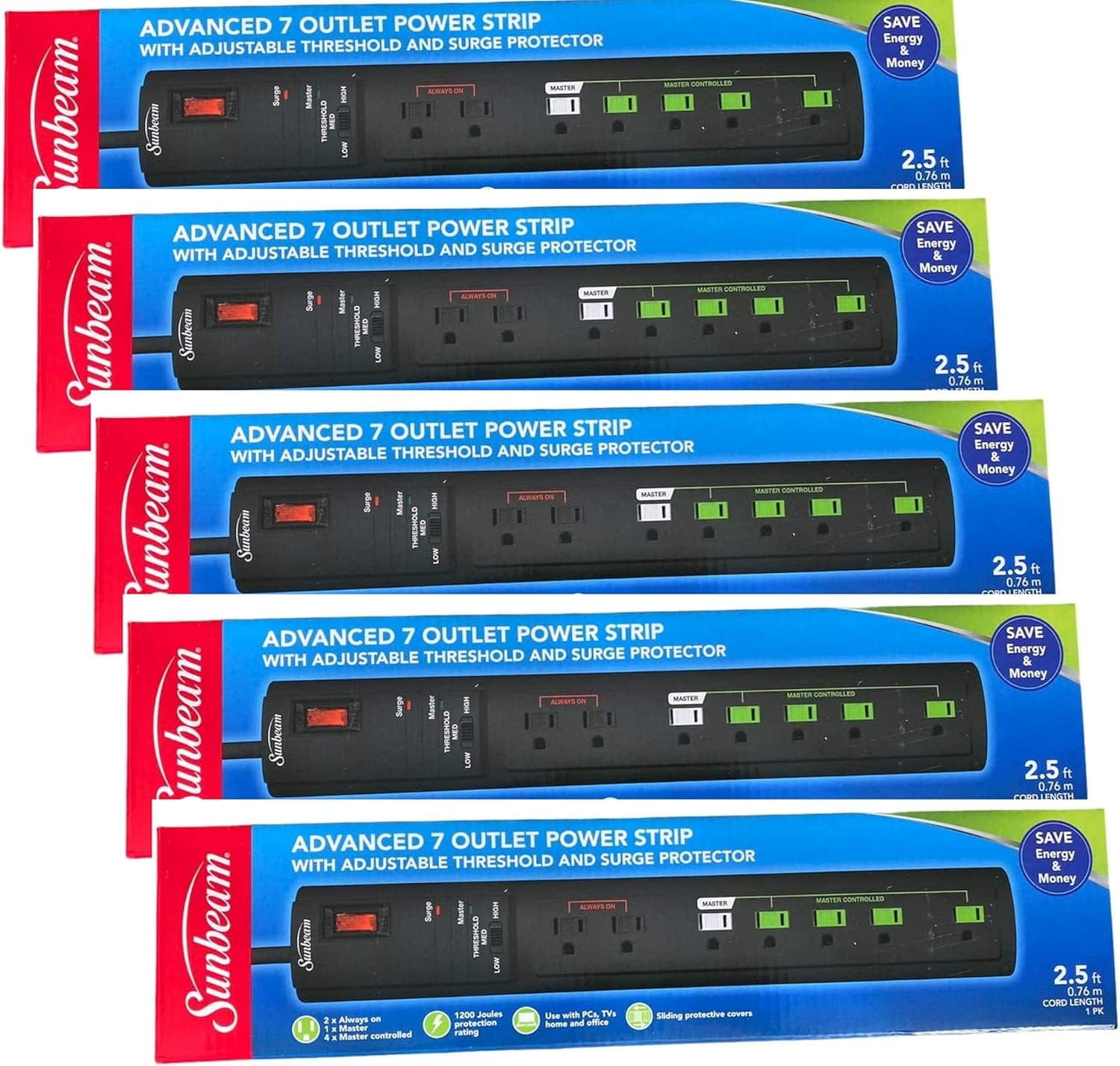 pot Pack 5 Sunbeam Advance 7 Outlet Power Strip, 15A Power Strips with ...