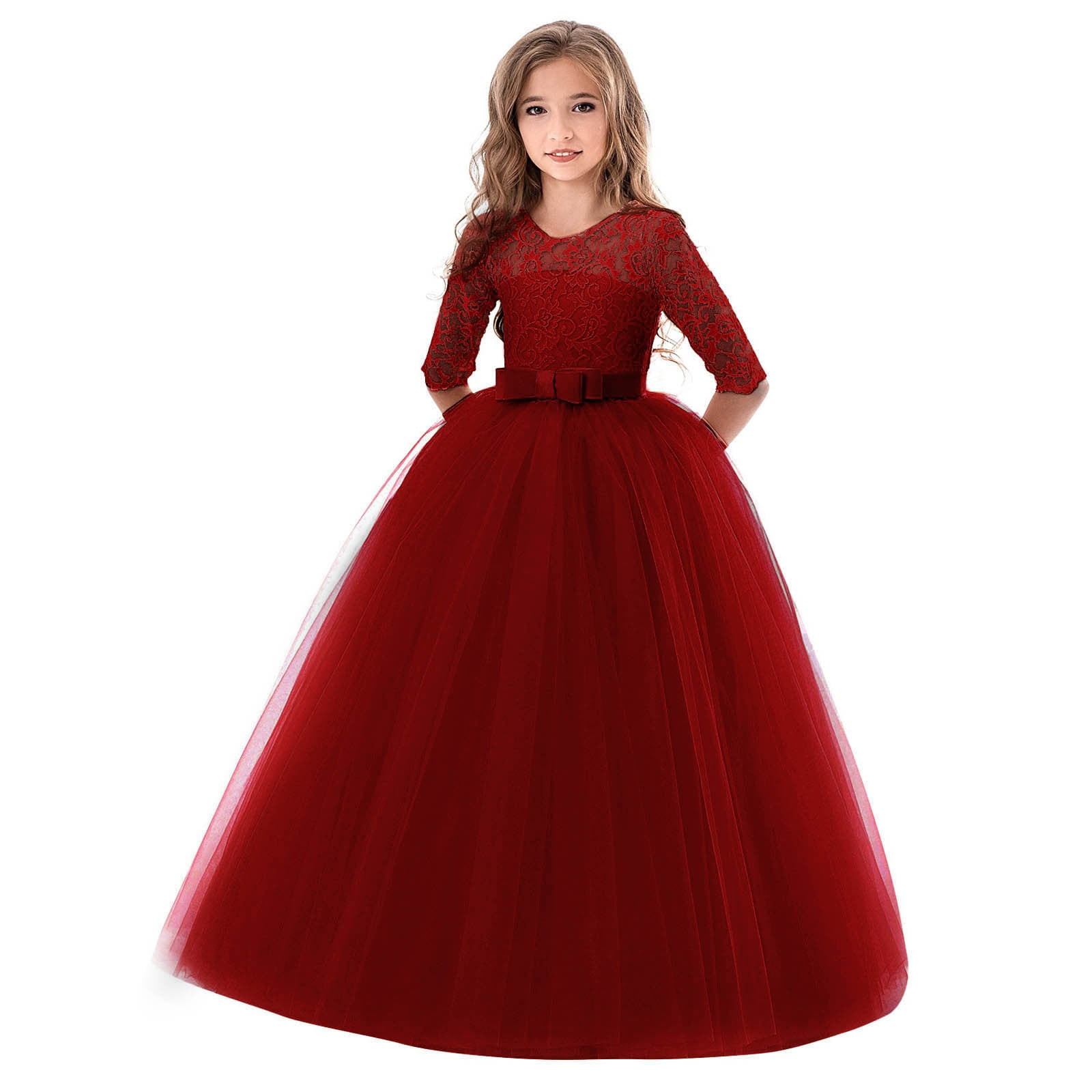 princess dress Girls Flower Vintage Floral Lace 3/4 Sleeves Floor ...