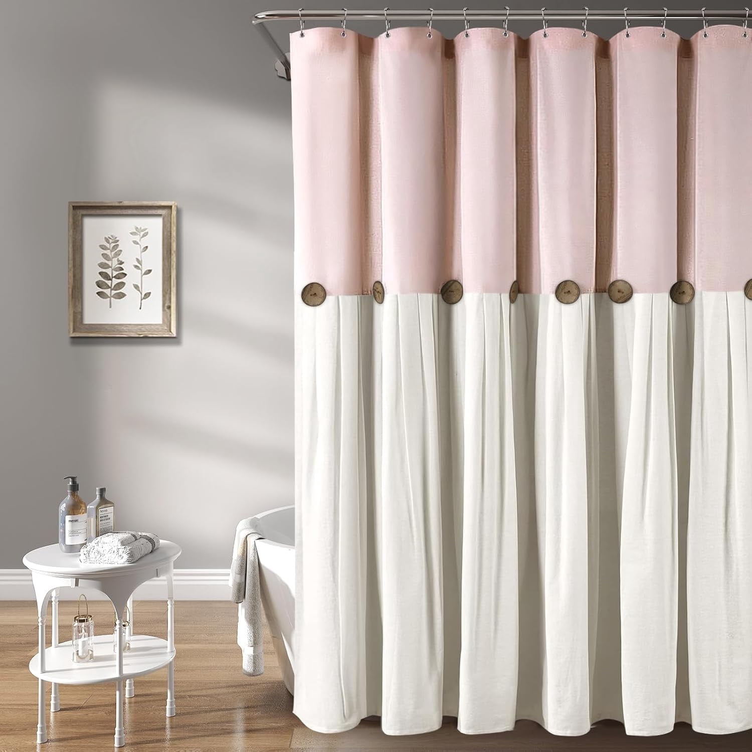 Farmhouse Pink Shower Curtain Button Linen Textured Woven Fabric ...