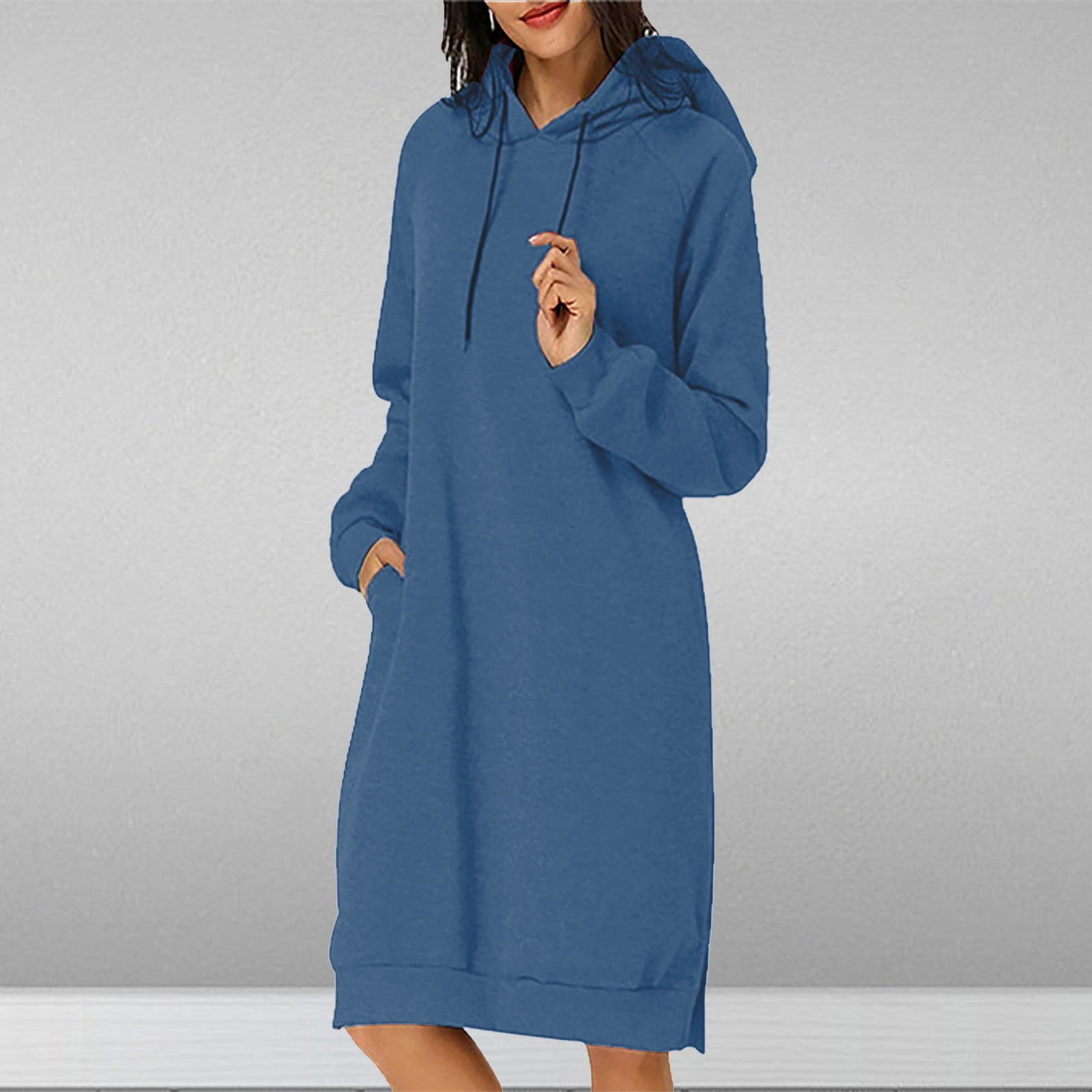 pstuiky Dresses for Women, Women's Solid Color Hooded Dress Hoodie Long ...