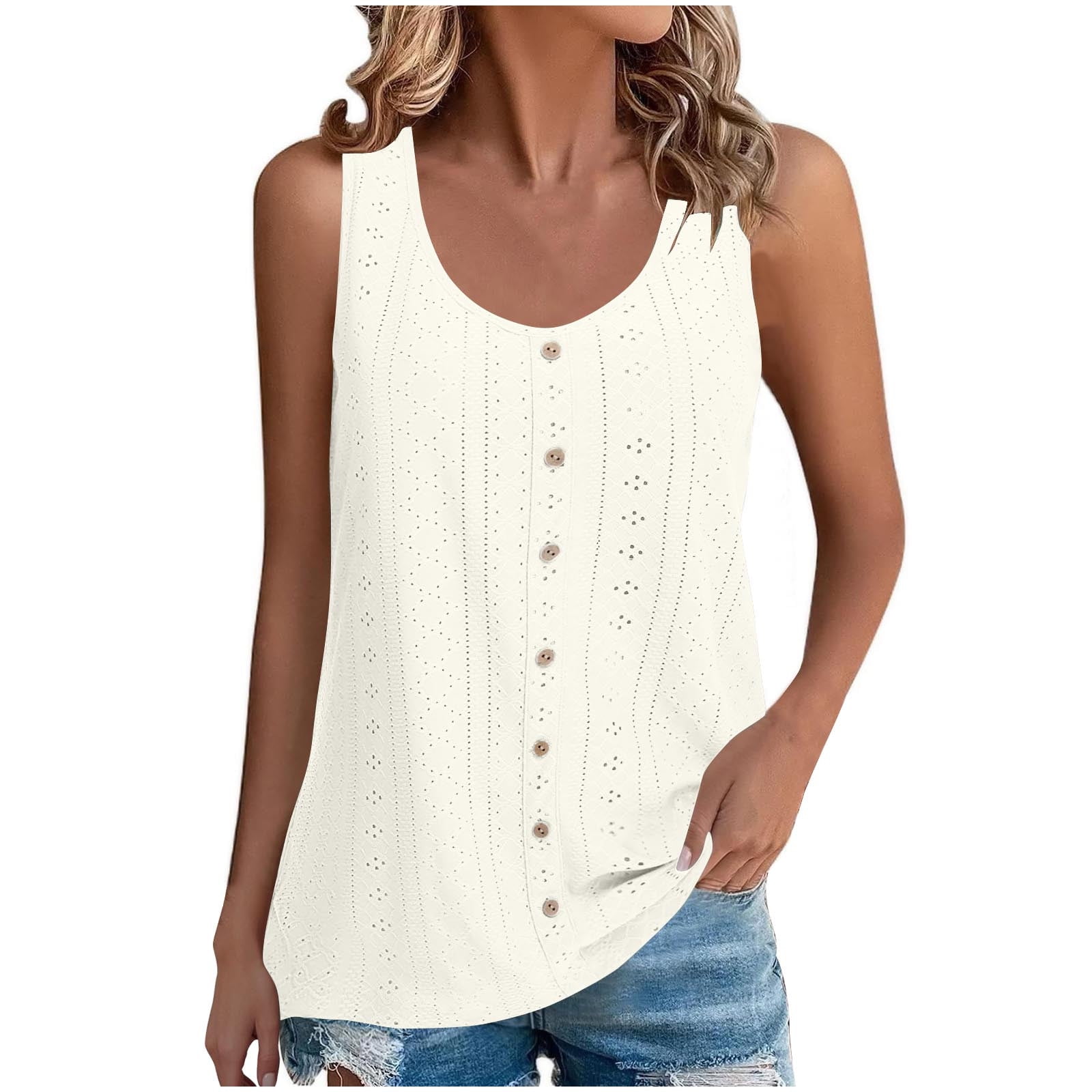 pstuiky Womens Tank Tops, Women Solid Color Hollow Button Round Neck ...
