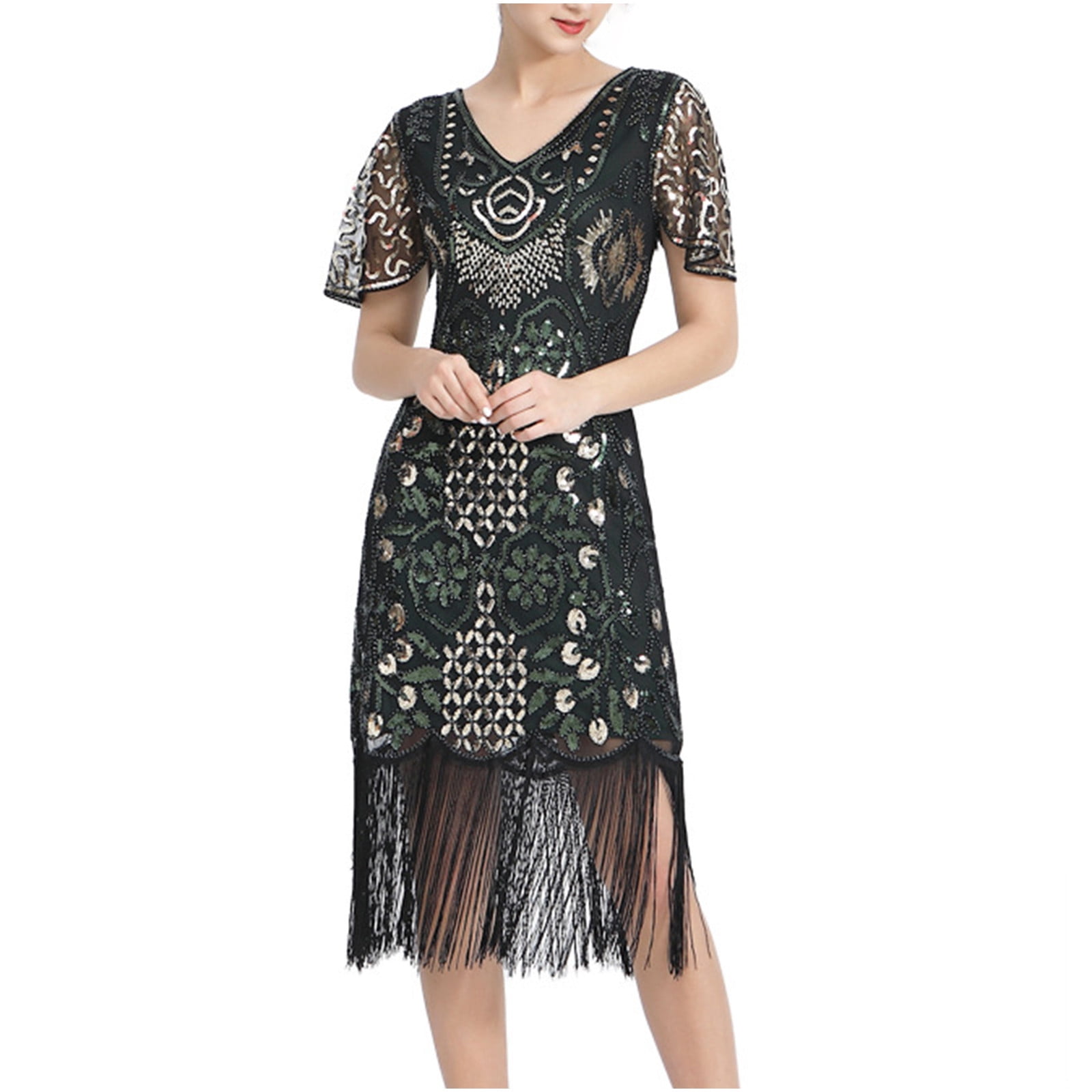 pstuiky Summer Dress, Sequin T Shirt Dresses for Women Sequin Tassel Midi Dress Fashion Short ...